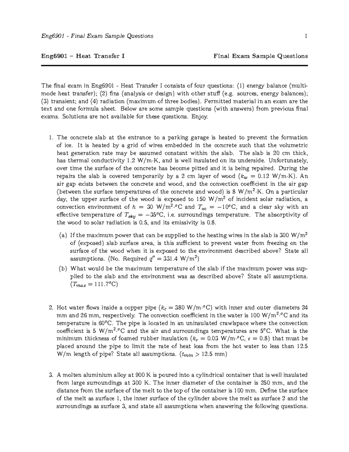 Sample/practice exam 2015, questions - Eng6901 – Heat Transfer I Final ...