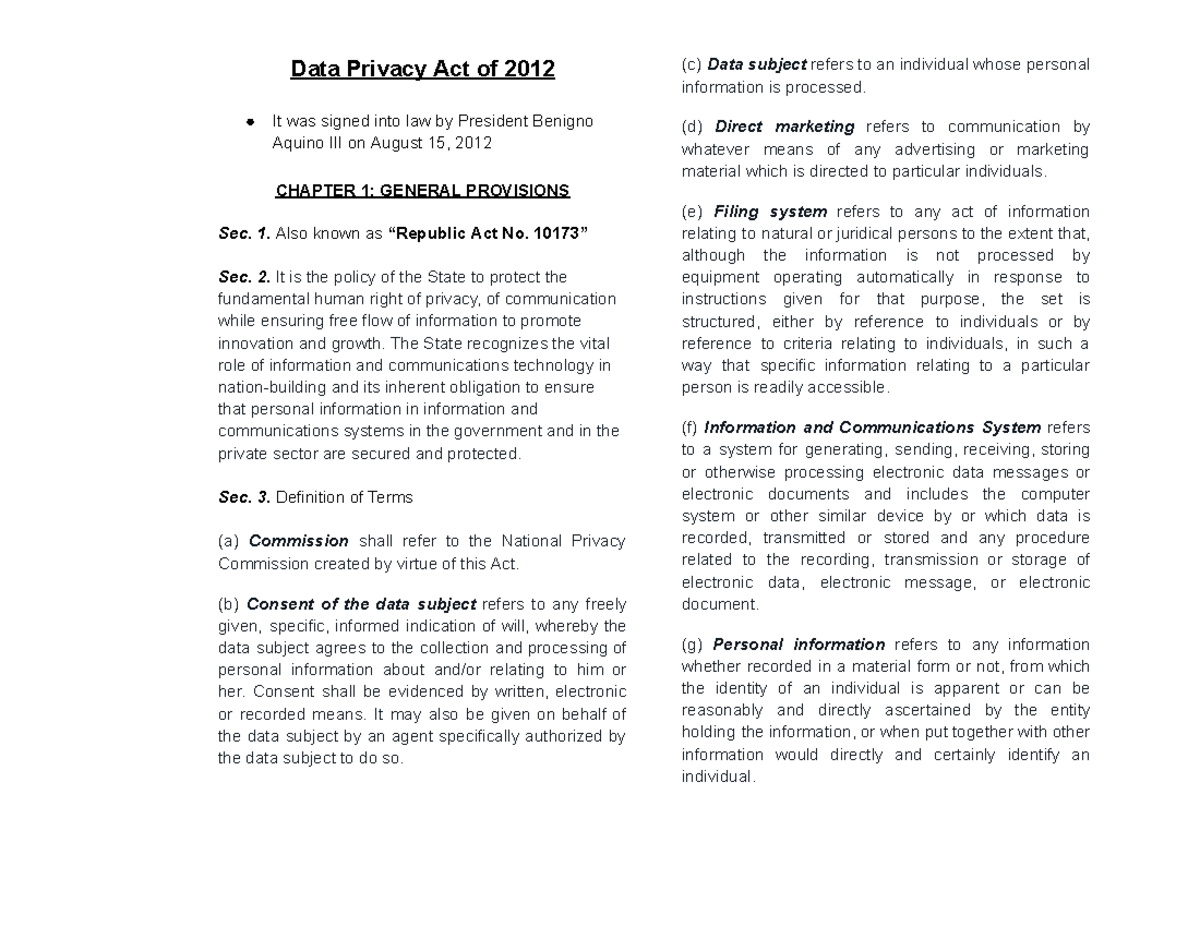 Data Privacy Act of 2012 - Data Privacy Act of 2012 It was signed into ...