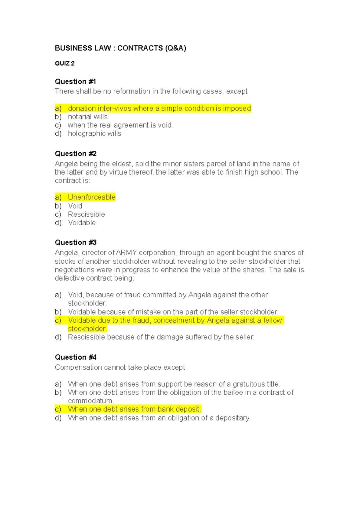 Business law : Law on Contract Quiz 2 - BUSINESS LAW : CONTRACTS (Q&A ...