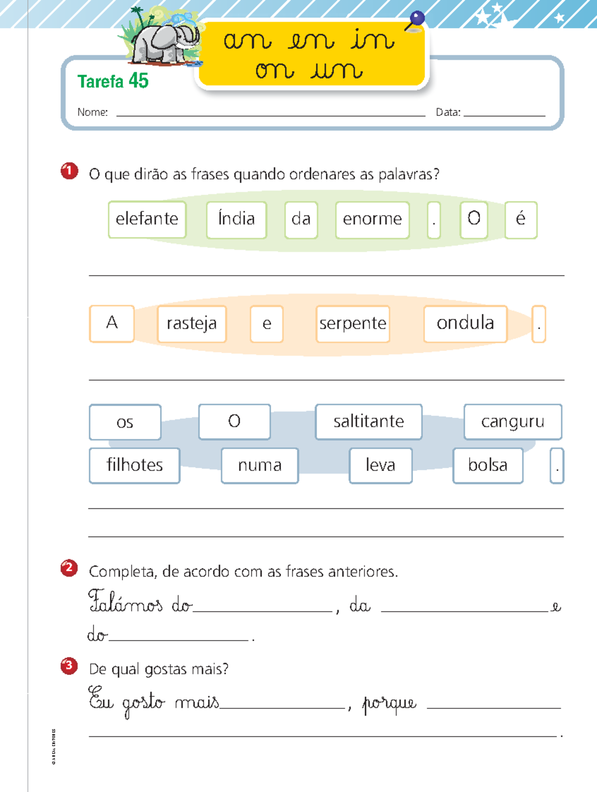 Ficha portugues 1 ano an en in on un - © AREAL EDITORES Tarefa 45 Nome ...
