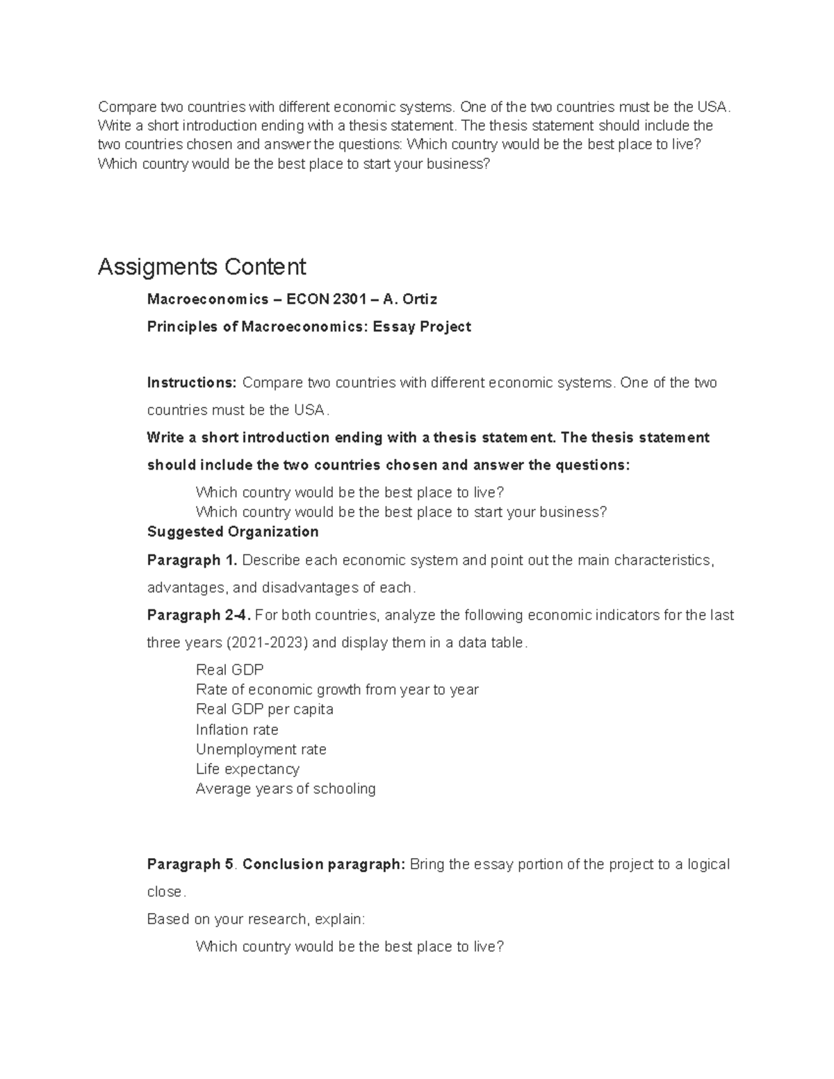 Econ - An assignment - Compare two countries with different economic ...