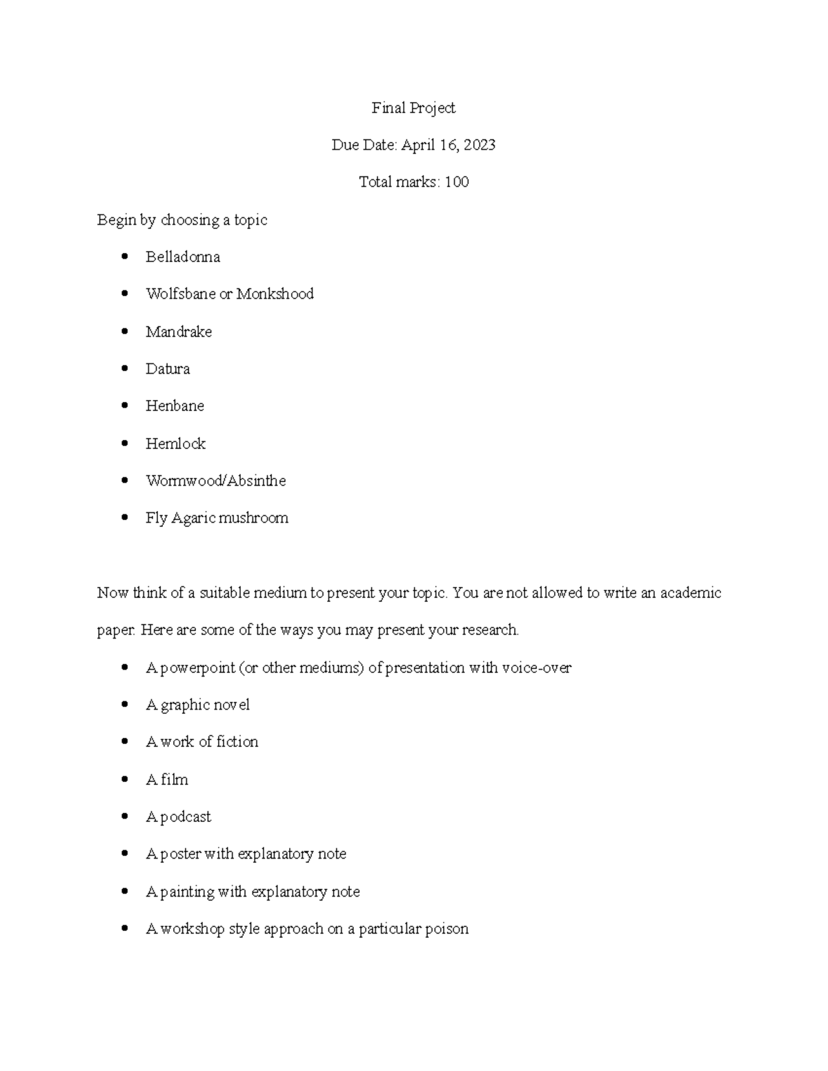 223.Final Project - Final Project Due Date: April 16, 2023 Total marks ...