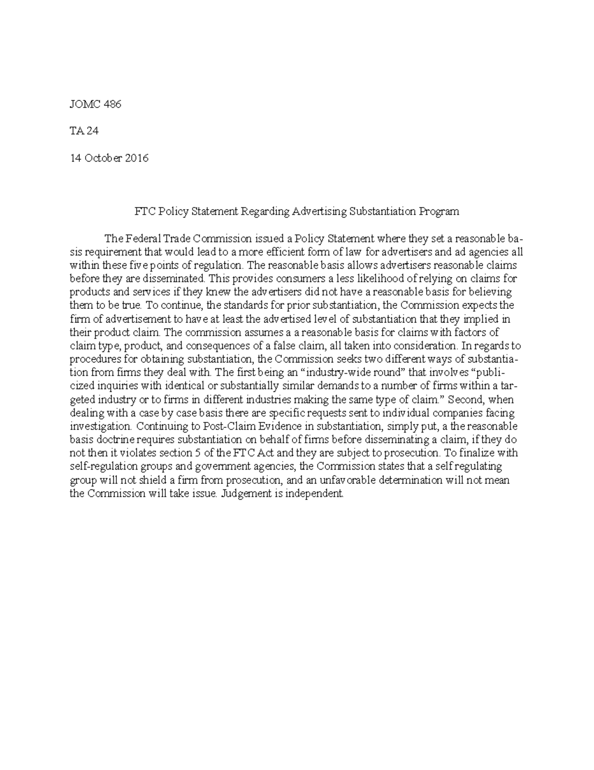 FTC Policy Statement Regarding Advertising Substantiation Program (TA24 ...