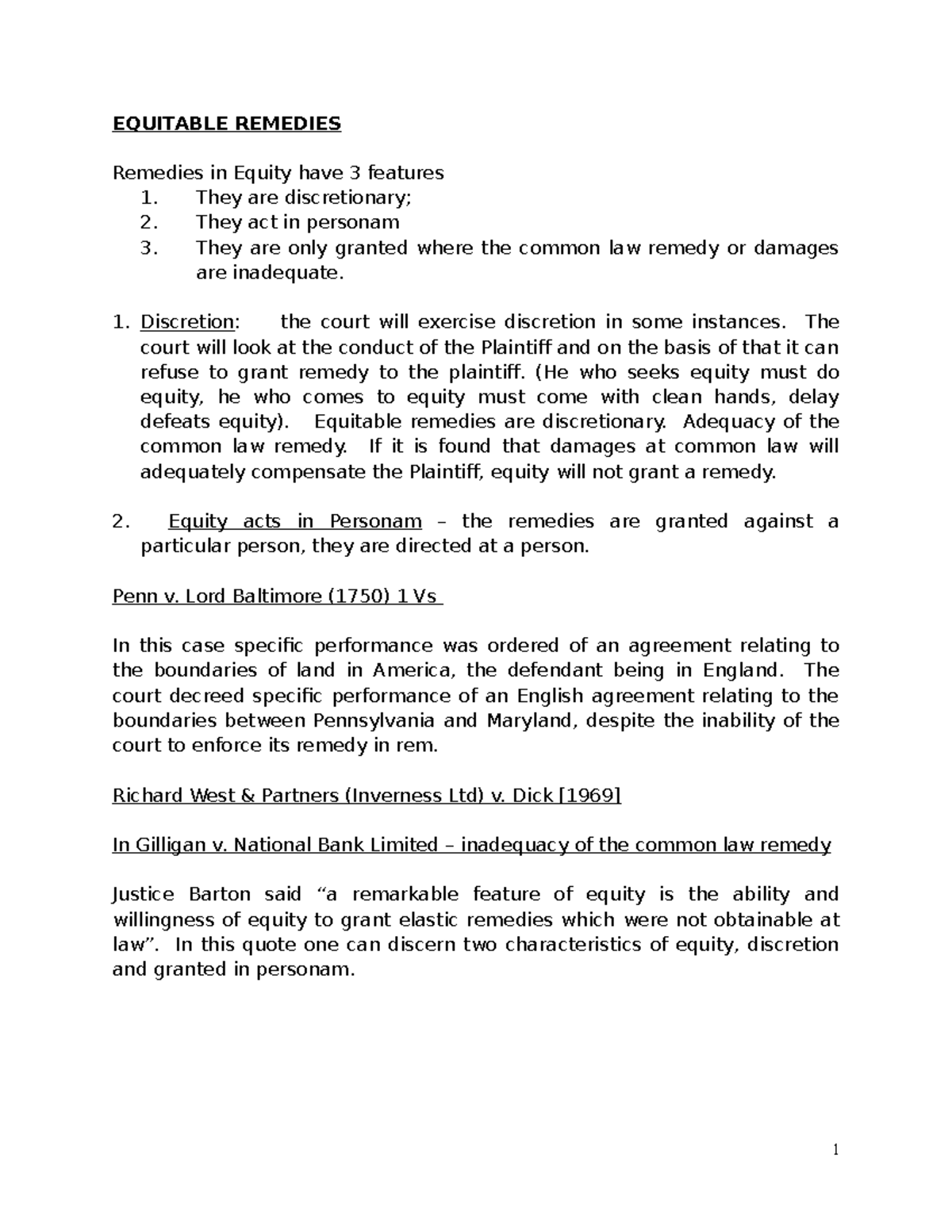 Equitable Remedies- Notes-1 - EQUITABLE REMEDIES Remedies in Equity ...