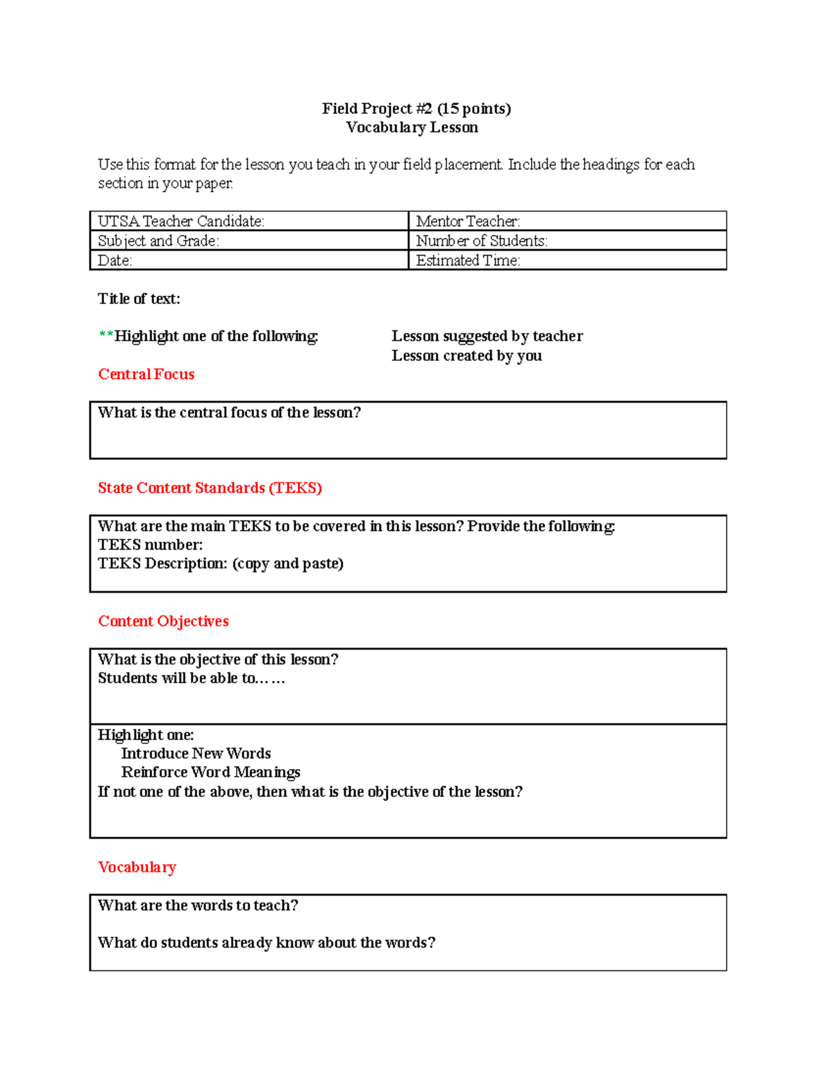 Field Project #2 Vocabulary Fall 2022 EPP Template - Field Project #2 ...