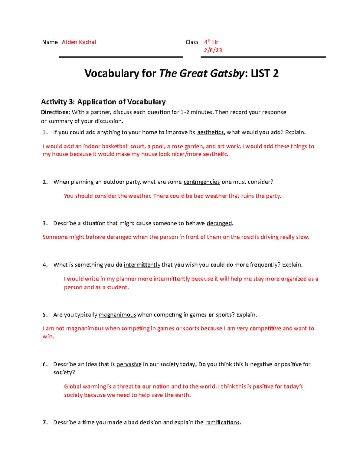 Gatsby Vocab List 2 Activity 3 Application of Vocabulary - Name Alden ...