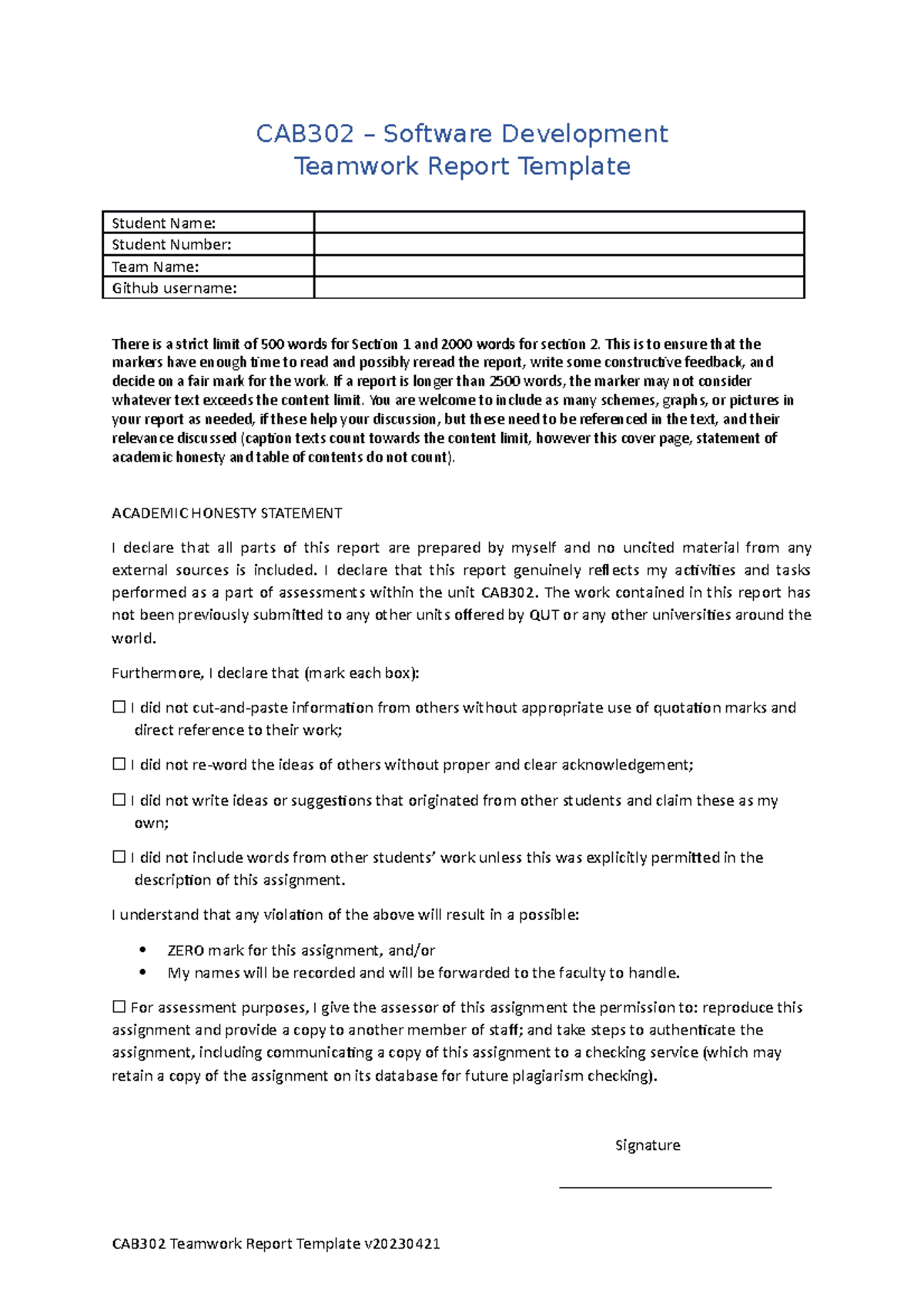 teamwork report template V20230421 - CAB302 – Software Development Teamwork Report Template ...