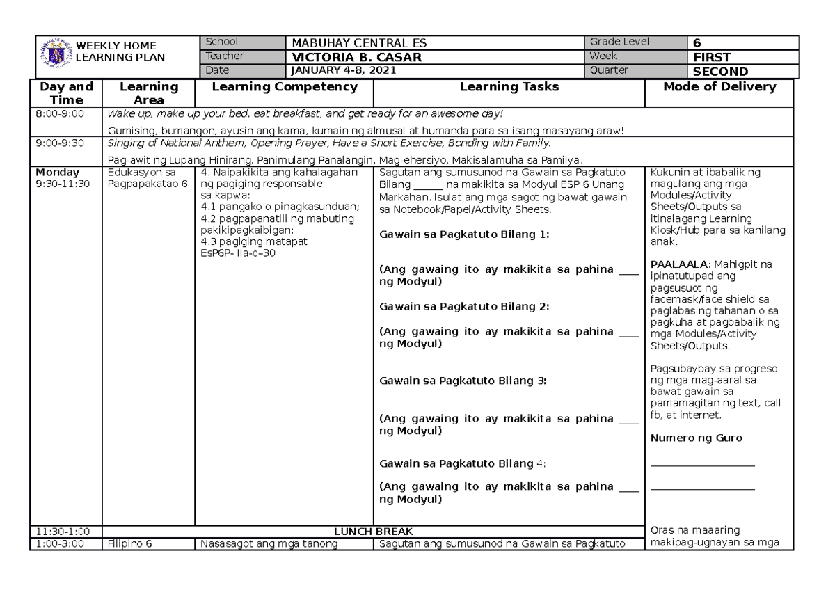 WHLP- Grade 6 (Q1 Week 1) - Copy Module 1- Lesson 2- ALL SUBJECTS ...