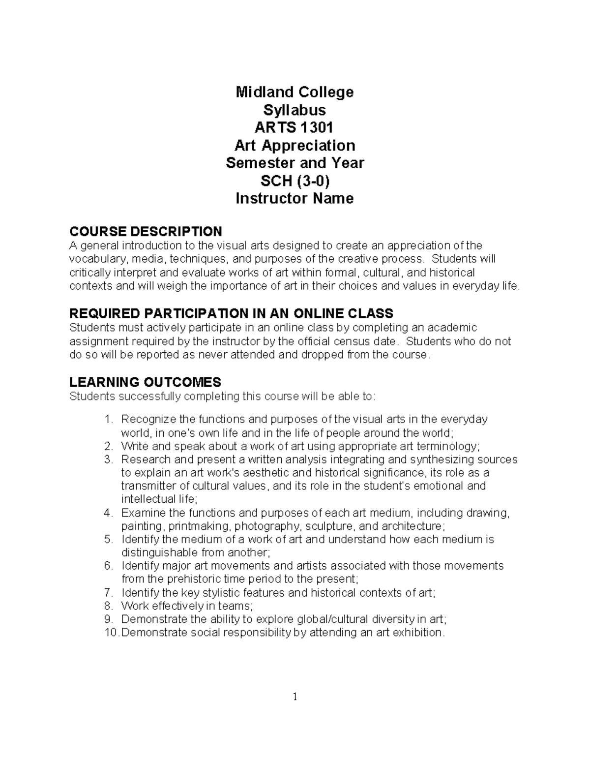 ARTS-1301 Art Appreciation - Midland College Syllabus ARTS 1301 Art ...