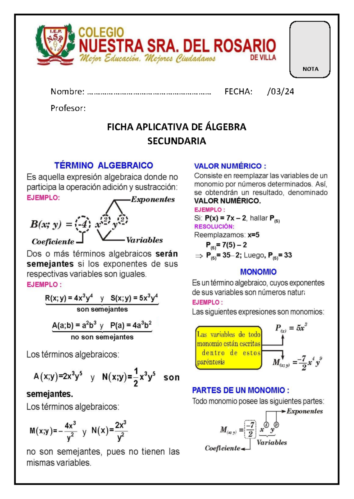 Ficha Algebra SEC - Algebra Lineal - NOTA Nombre: - Studocu