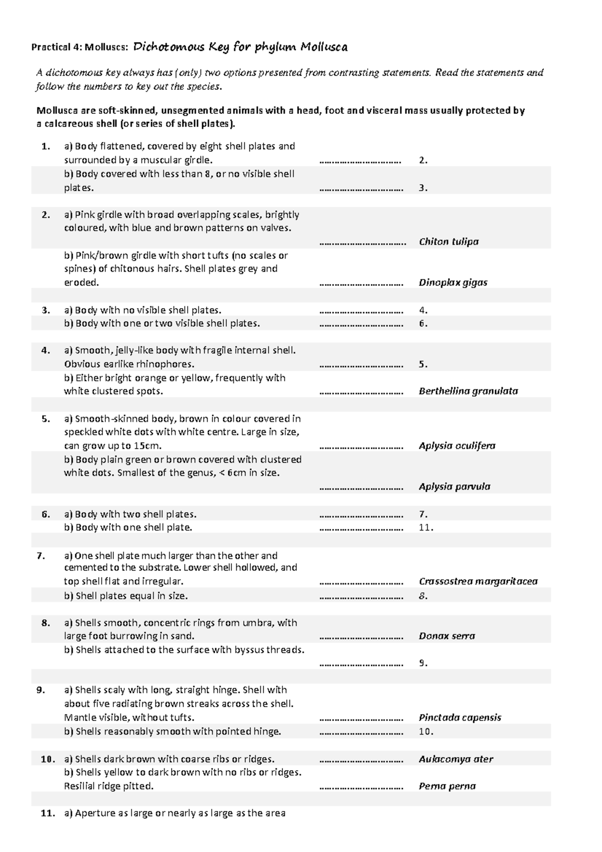 ZOOV111 Prac4 Dichotomous Key Mollusca - Practical 4: Molluscs ...