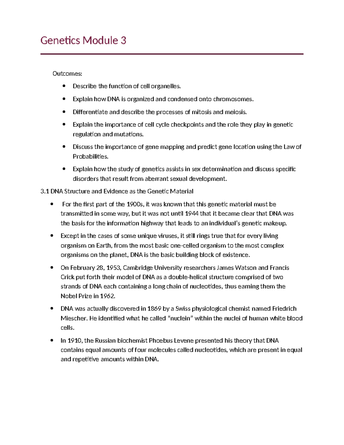 Module 3 Genetics - Chapter 3 - Genetics Module 3 Outcomes: Describe ...