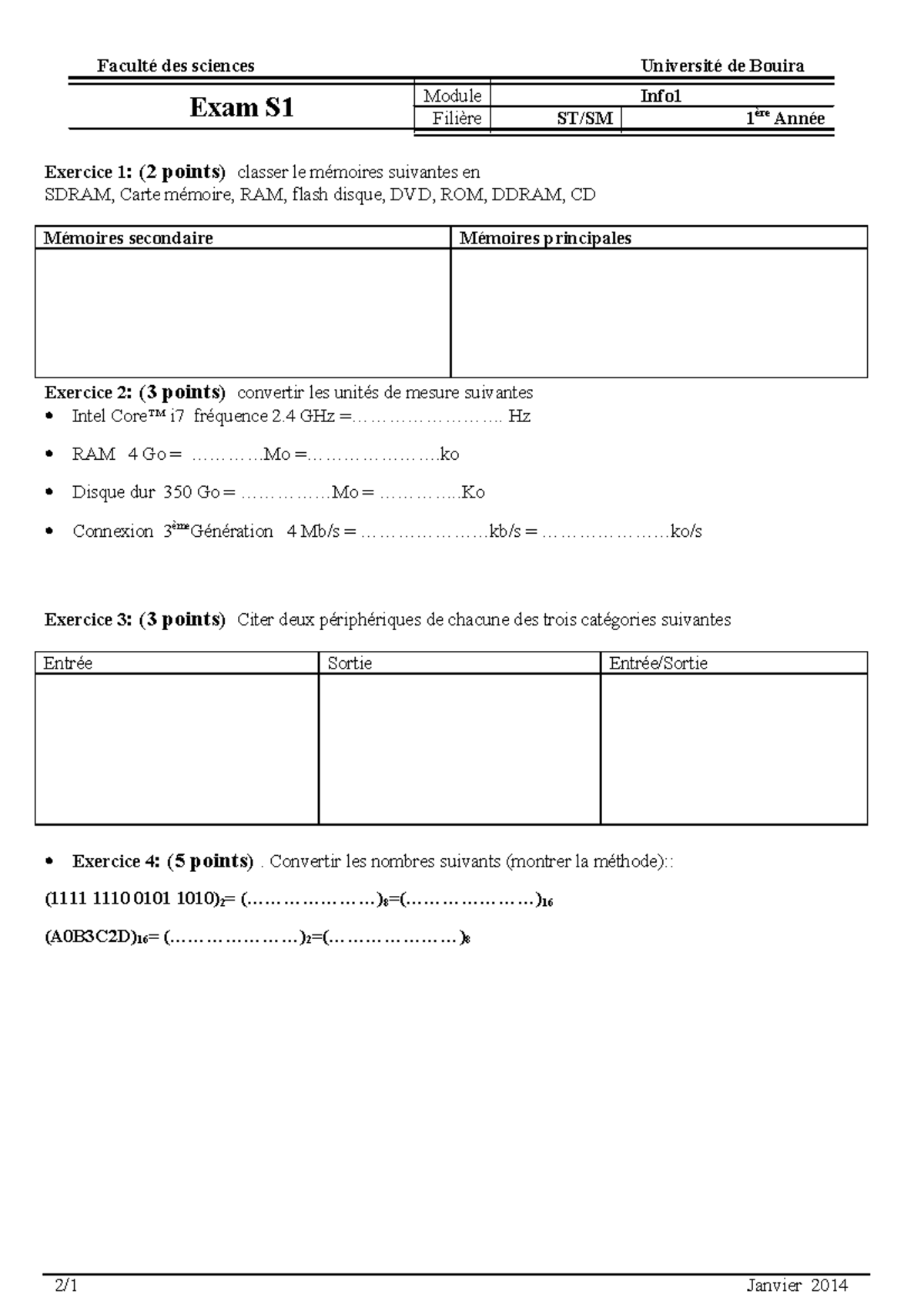 Examen corrige informatique 1 - Exam S Module Info Filière ST/SM 1 ère ...