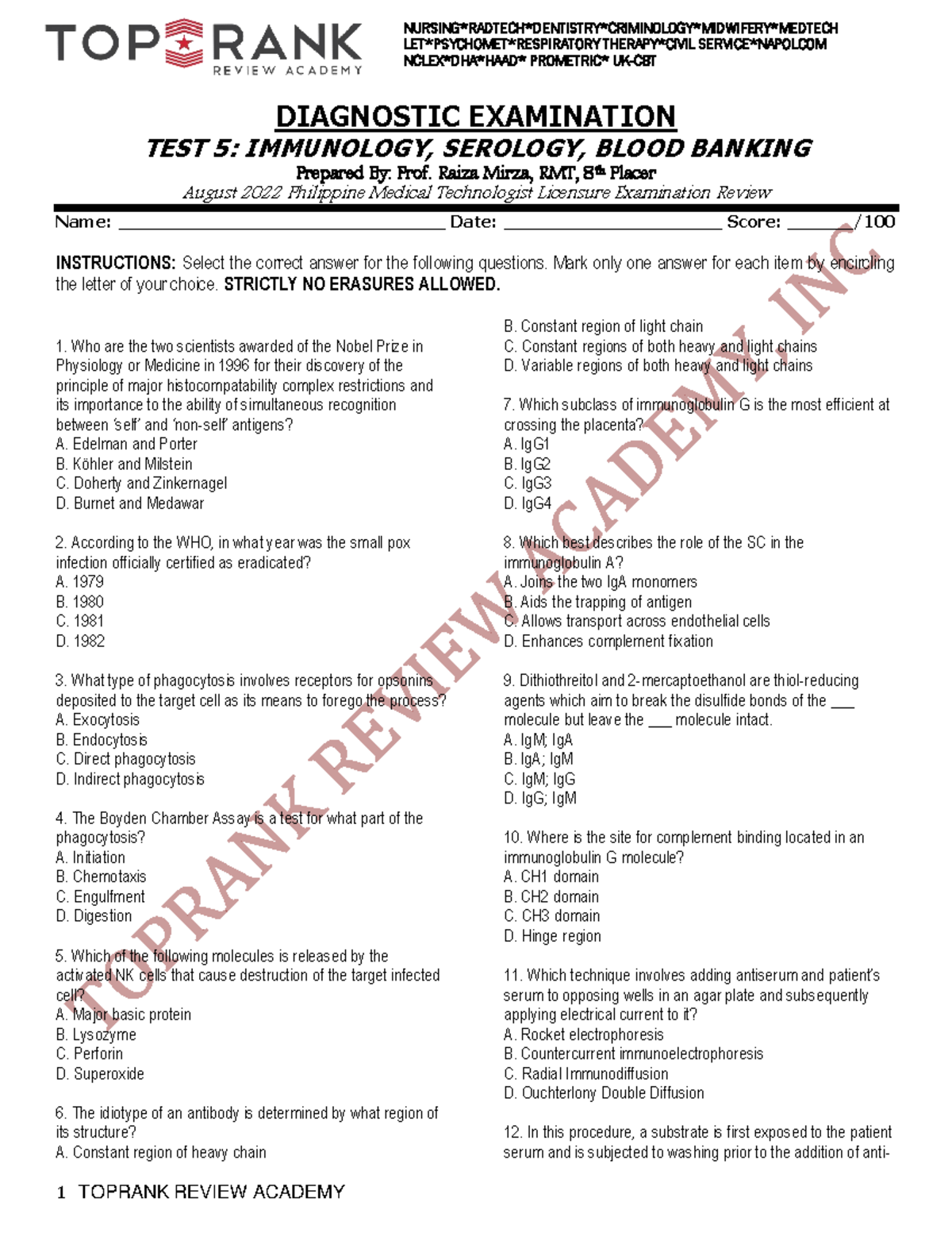 ST DIAG EXAM TEST 5 - MT lecture notes - 1 TOPRANK REVIEW ACADEMY ...