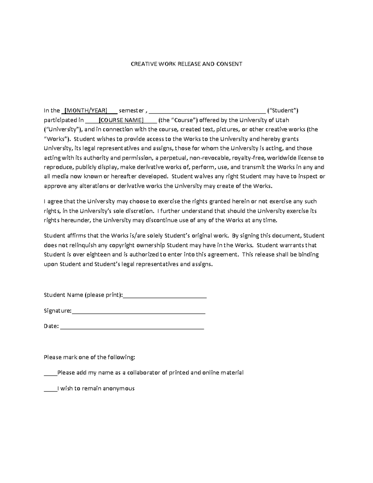 Student art release 12 12 16 CAP - CREATIVE WORK RELEASE AND CONSENT In ...