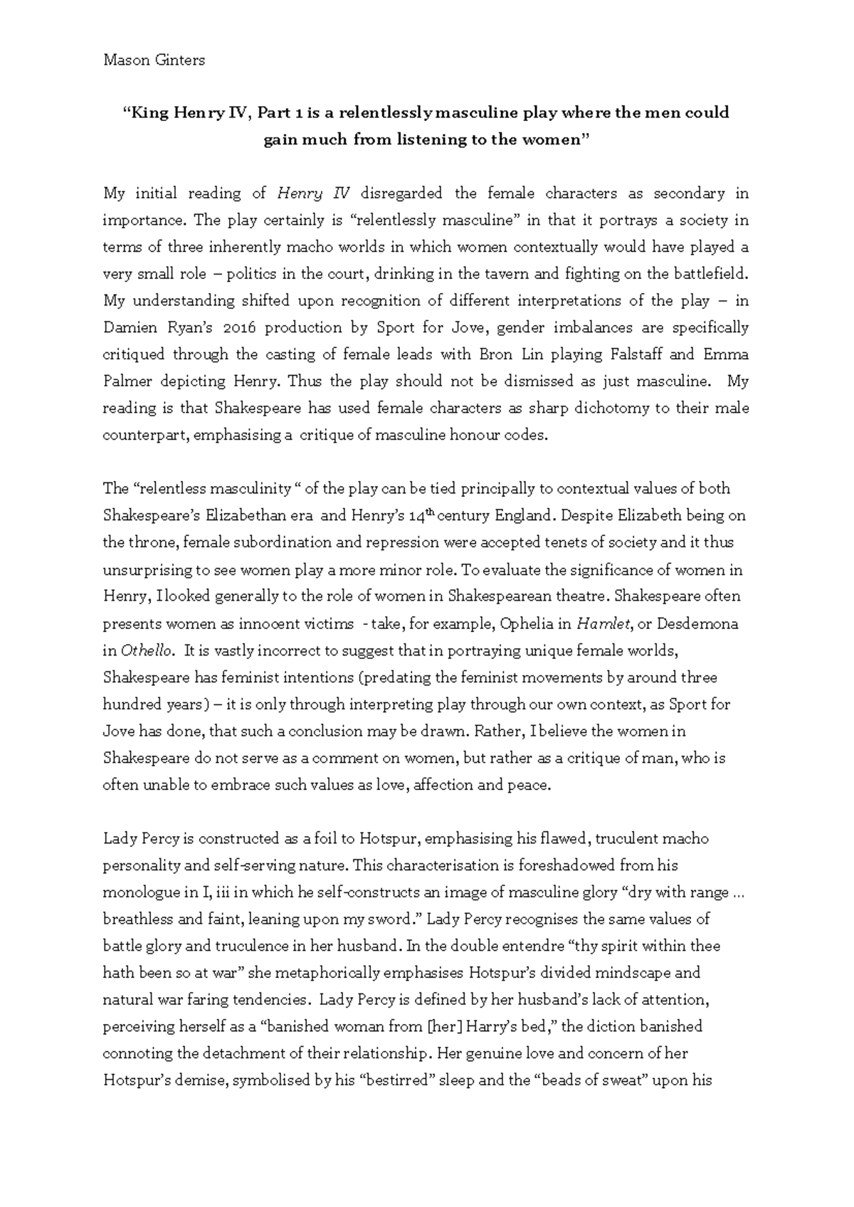 Women in Henry essay - Mason Ginters “King Henry IV, Part 1 is a ...