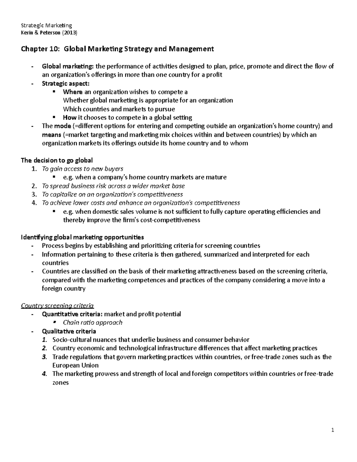 Chapter 10 Summary - Kerin & Peterson (2013) Chapter 10: Global Marketing Strategy and - Studocu