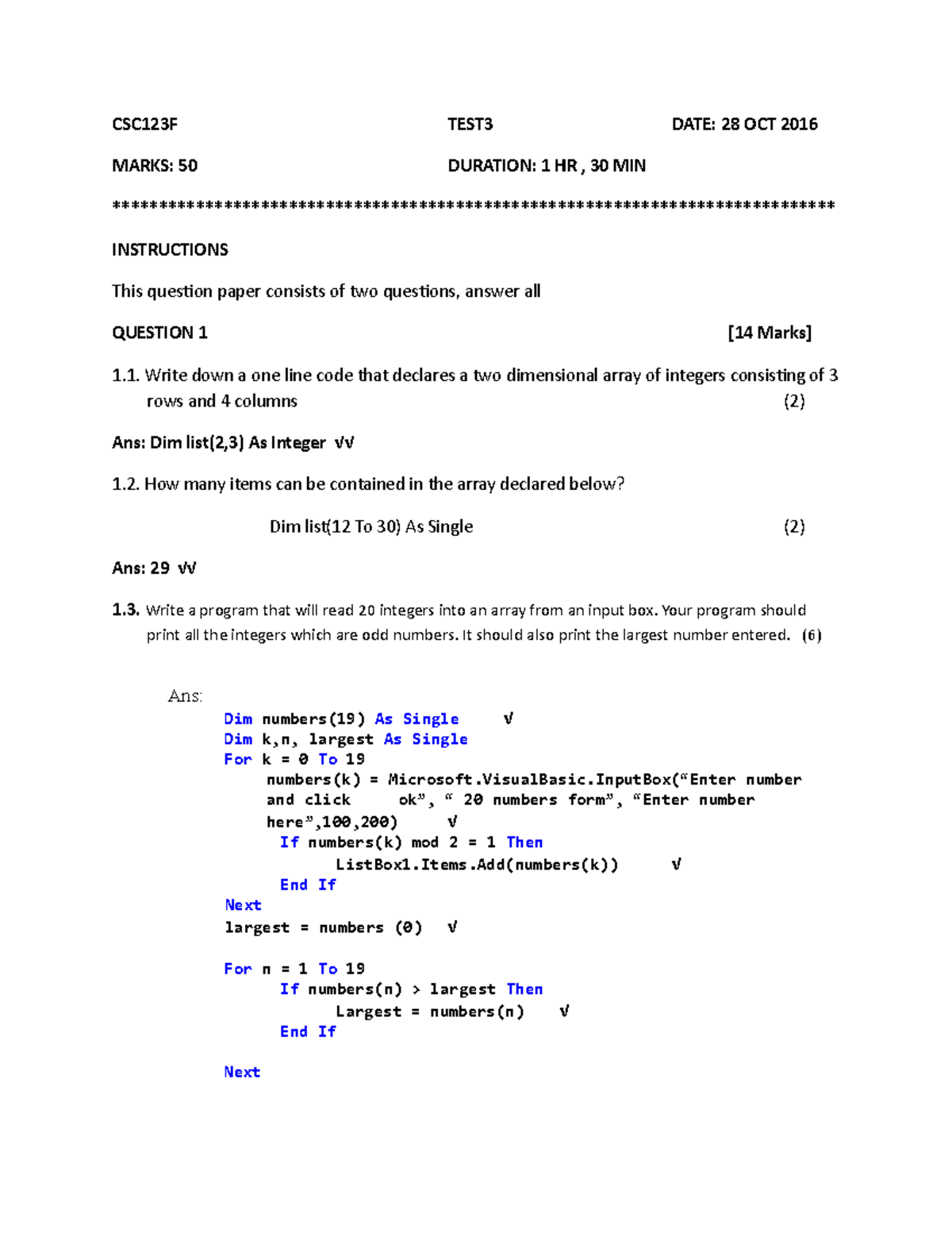 Test 16 March 2016, questions and answers - CSC123F TEST3 DATE: 28 OCT ...