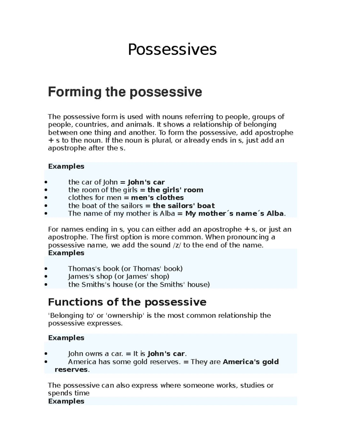 Possessives - Apuntes 1 para mejor estudio - Possessives Formi ng the ...