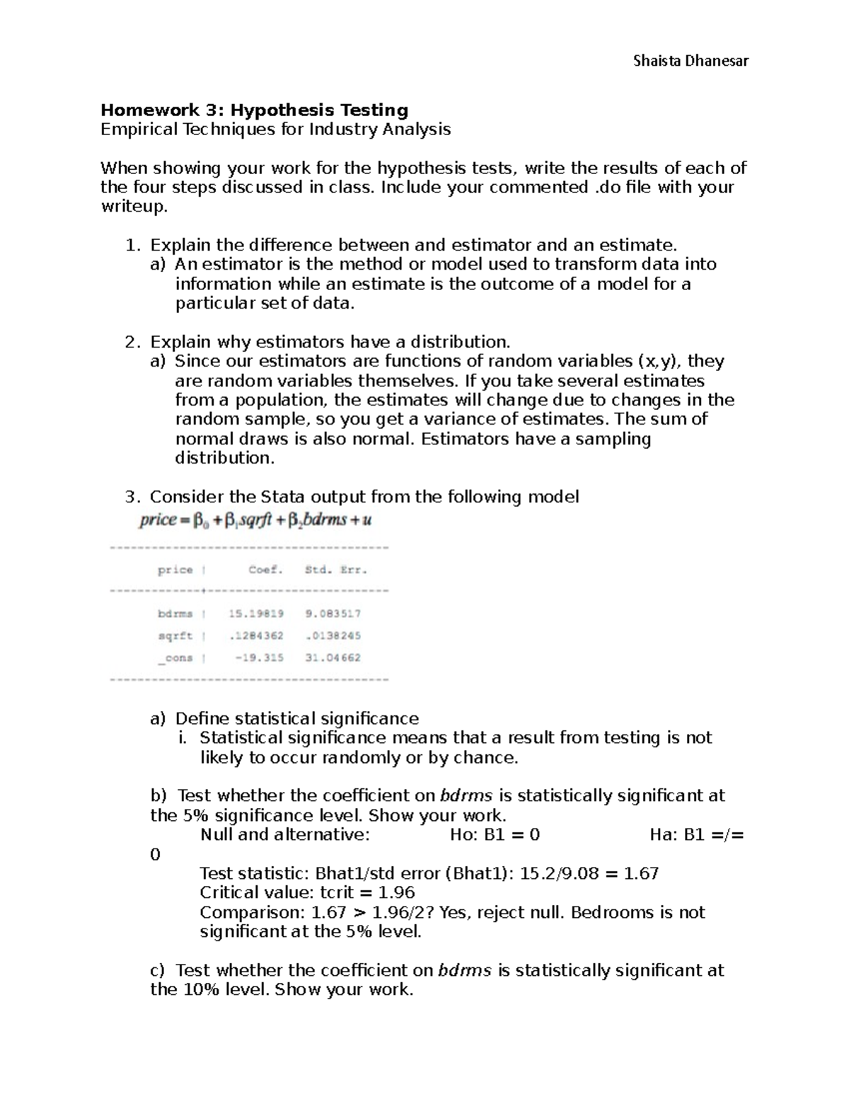 Homework 3 - Shaista Dhanesar Homework 3: Hypothesis Testing Empirical ...