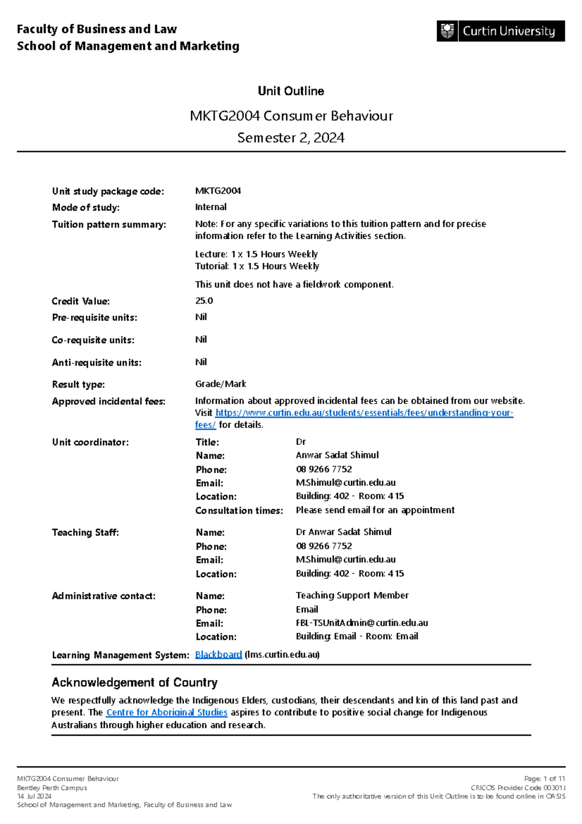 MKTG2004 Consumer Behaviour Semester 2 2024 Bentley Perth Campus INT - Acknowledgement of ...