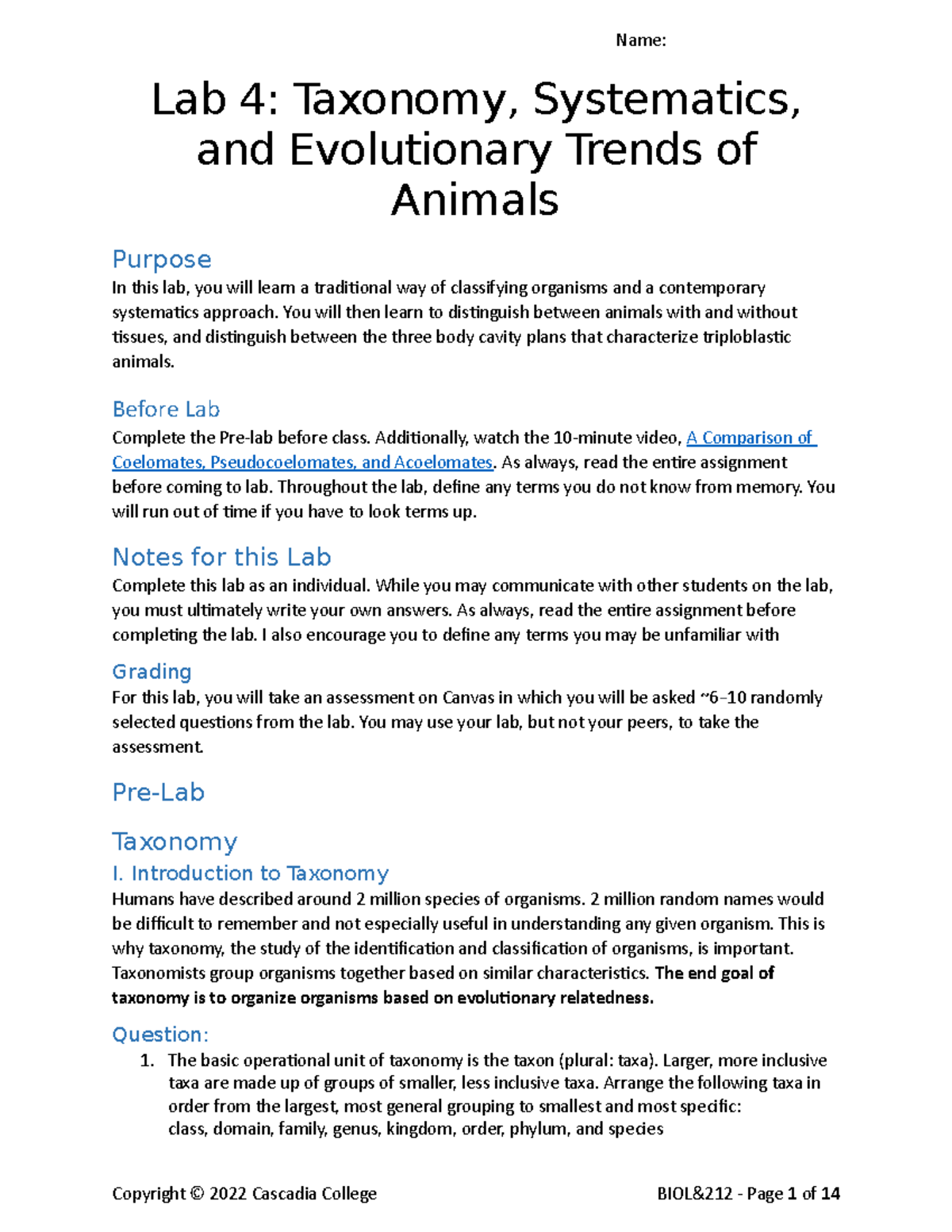 Lab 4 Taxonomy, Systematics, Evolutionary Trends of Animals 3e - Lab 4: Taxonomy, Systematics ...