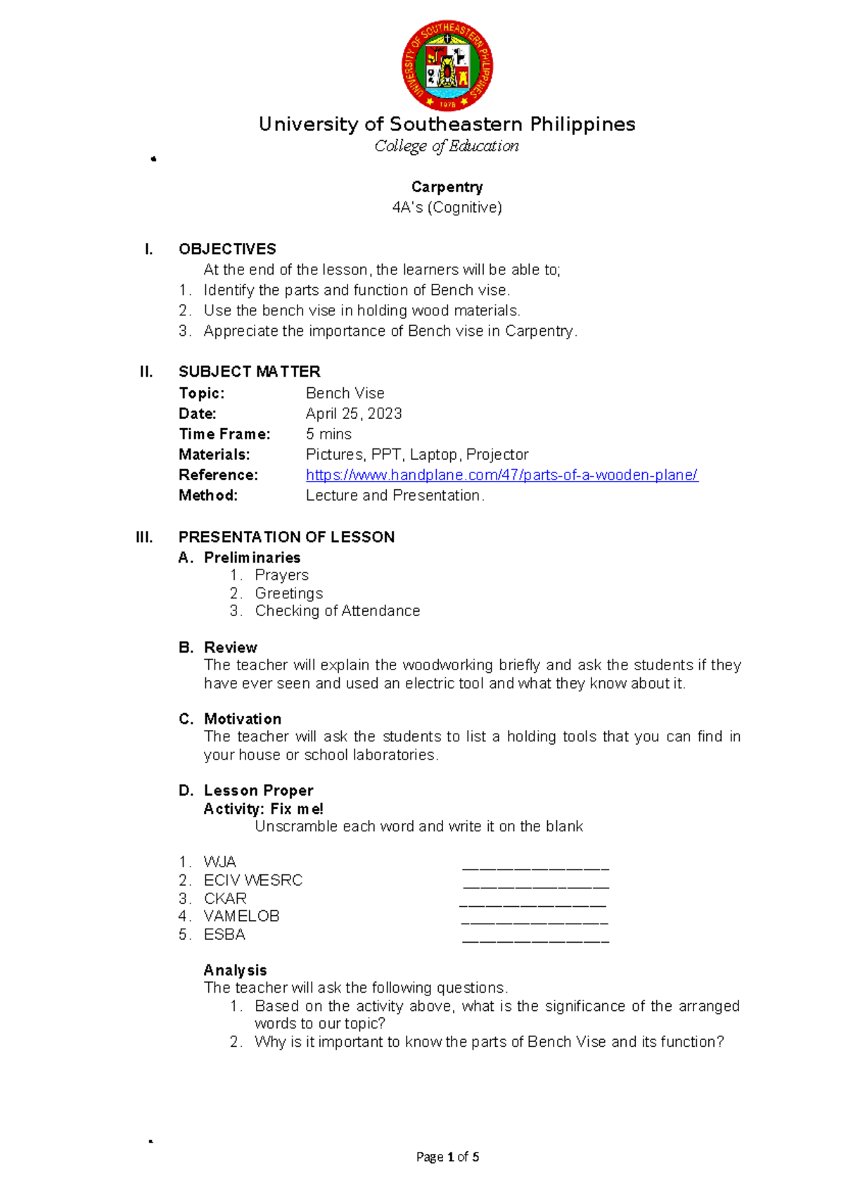 C4 - Lesson Plan - College of Education Carpentry 4A’s (Cognitive) I ...