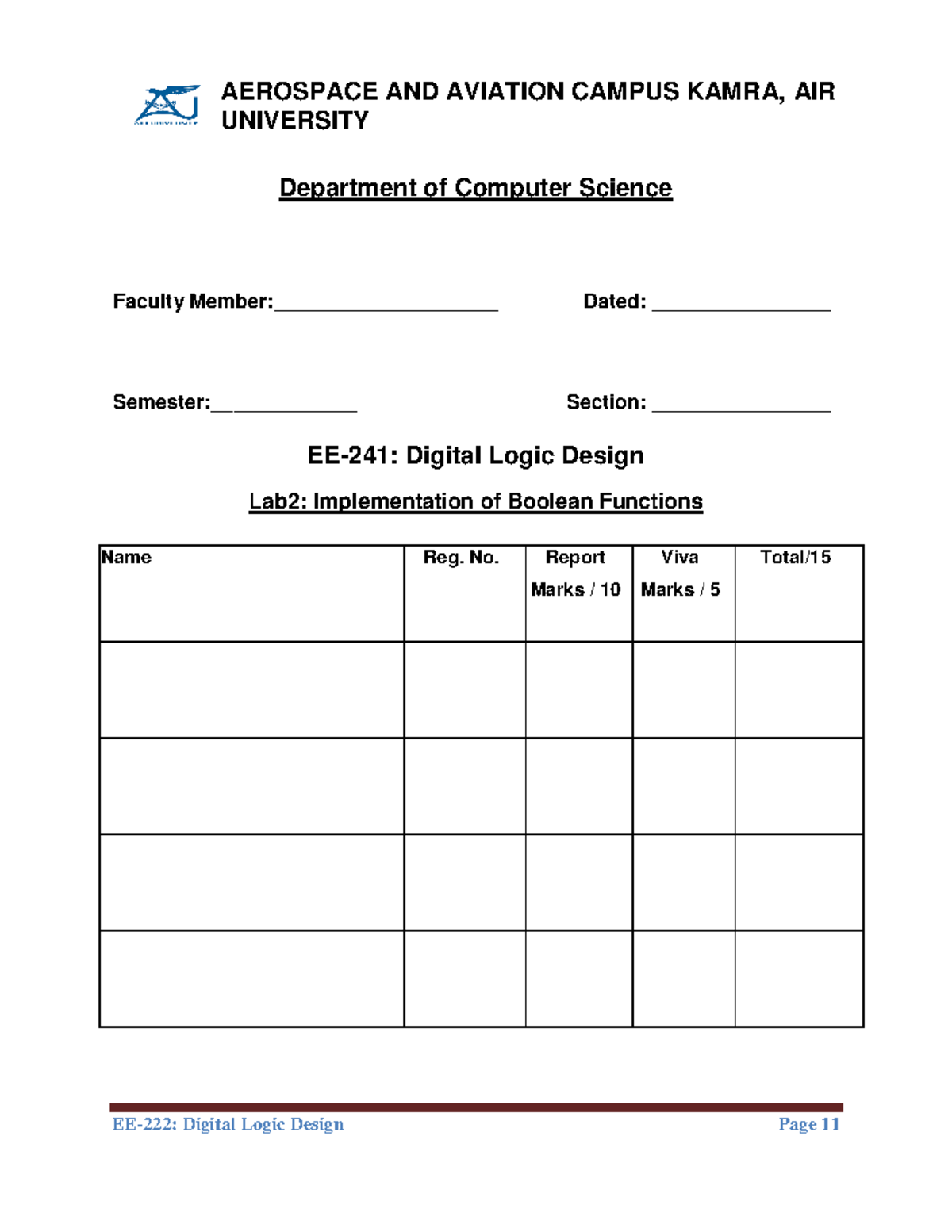 DLD Lab 2 - lab 2 - UNIVERSITY Department of Computer Science Faculty ...
