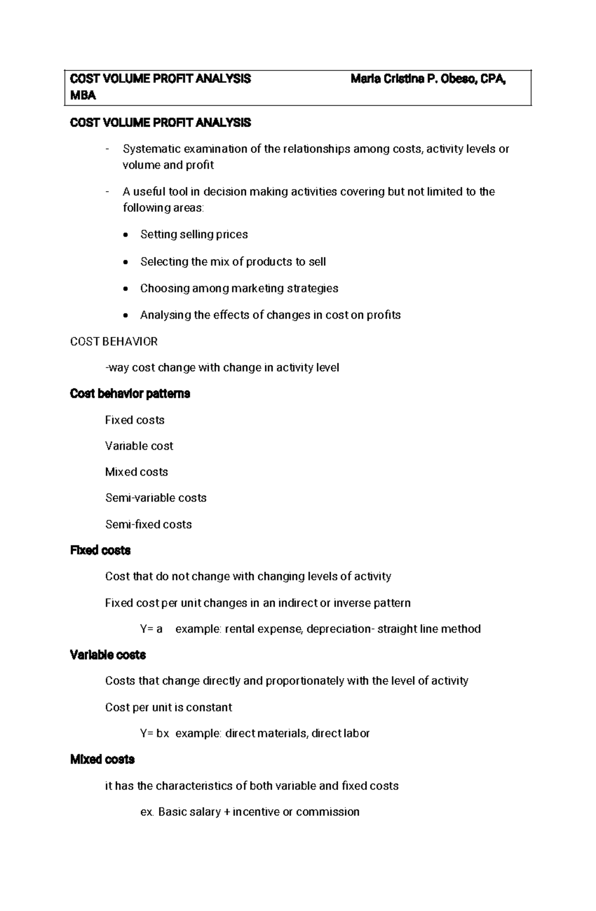 Cost volume profit analysis - COSTVOLUMEPROFITANALYSIS MariaCristinaP ...