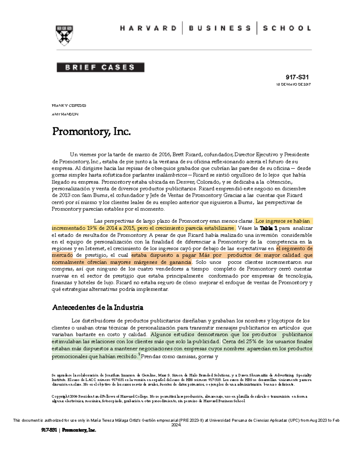 Promontory - 917-S 18 DE MAYO DE 2017 FRANK V. CESPEDES AMY HANDLIN ...