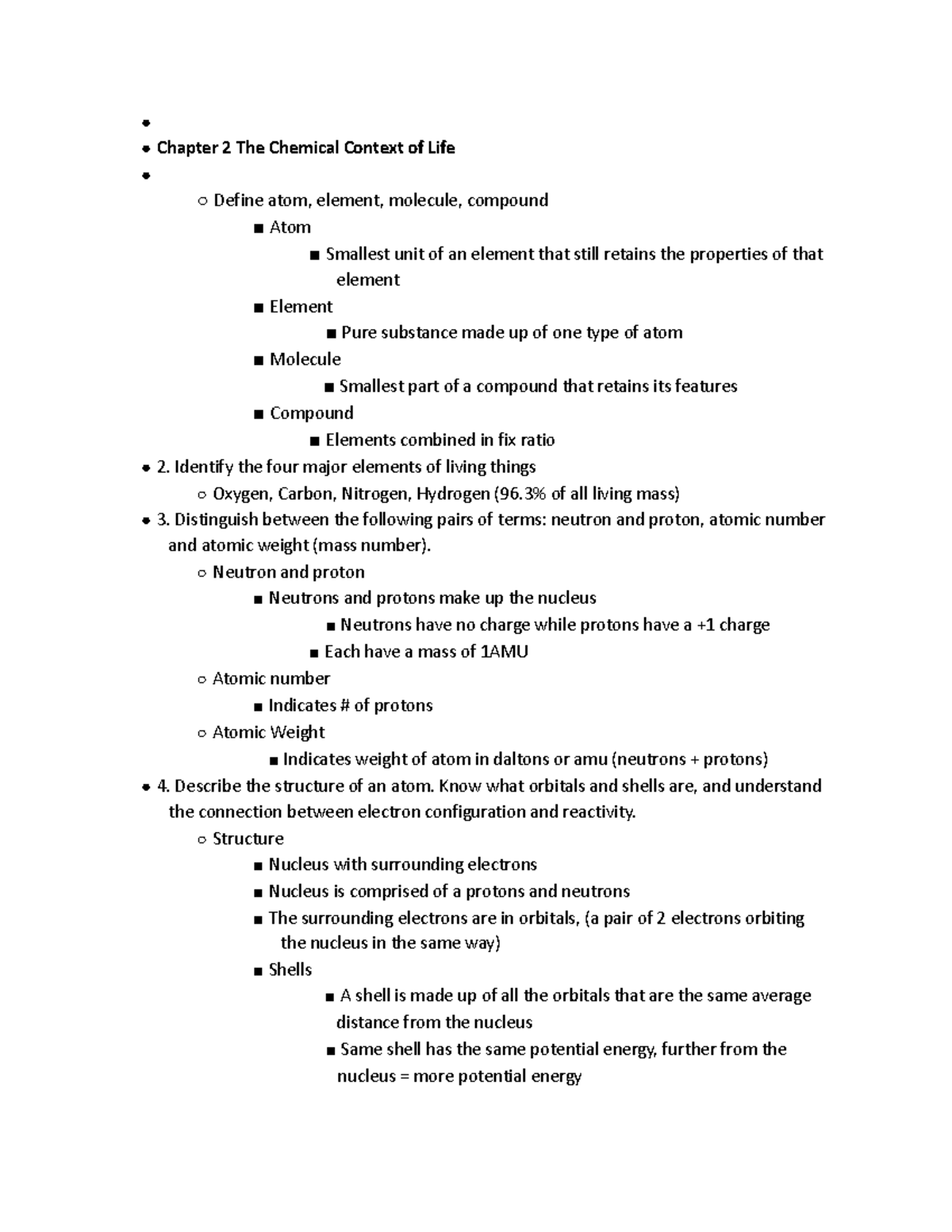 BIO 202 Chapter Notes - Chapter 2 The Chemical Context of Life Define ...