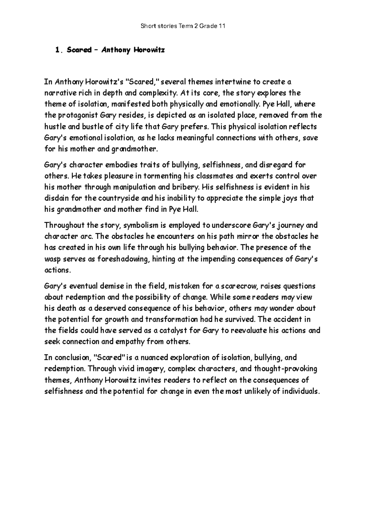 Short stories Term 2 Grade 11 FAL - Scared – Anthony Horowitz In ...