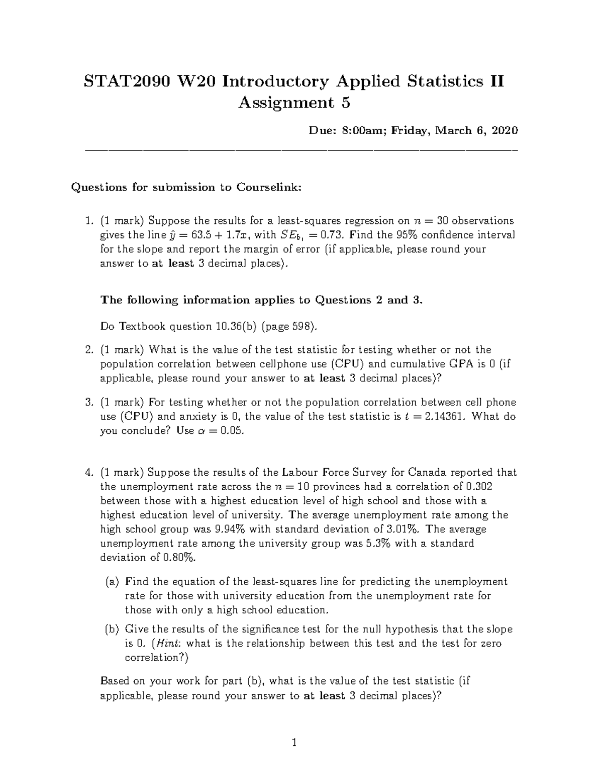 ST2090 Assignment 5 W20 - STAT2090 W20 Introductory Applied Statistics ...