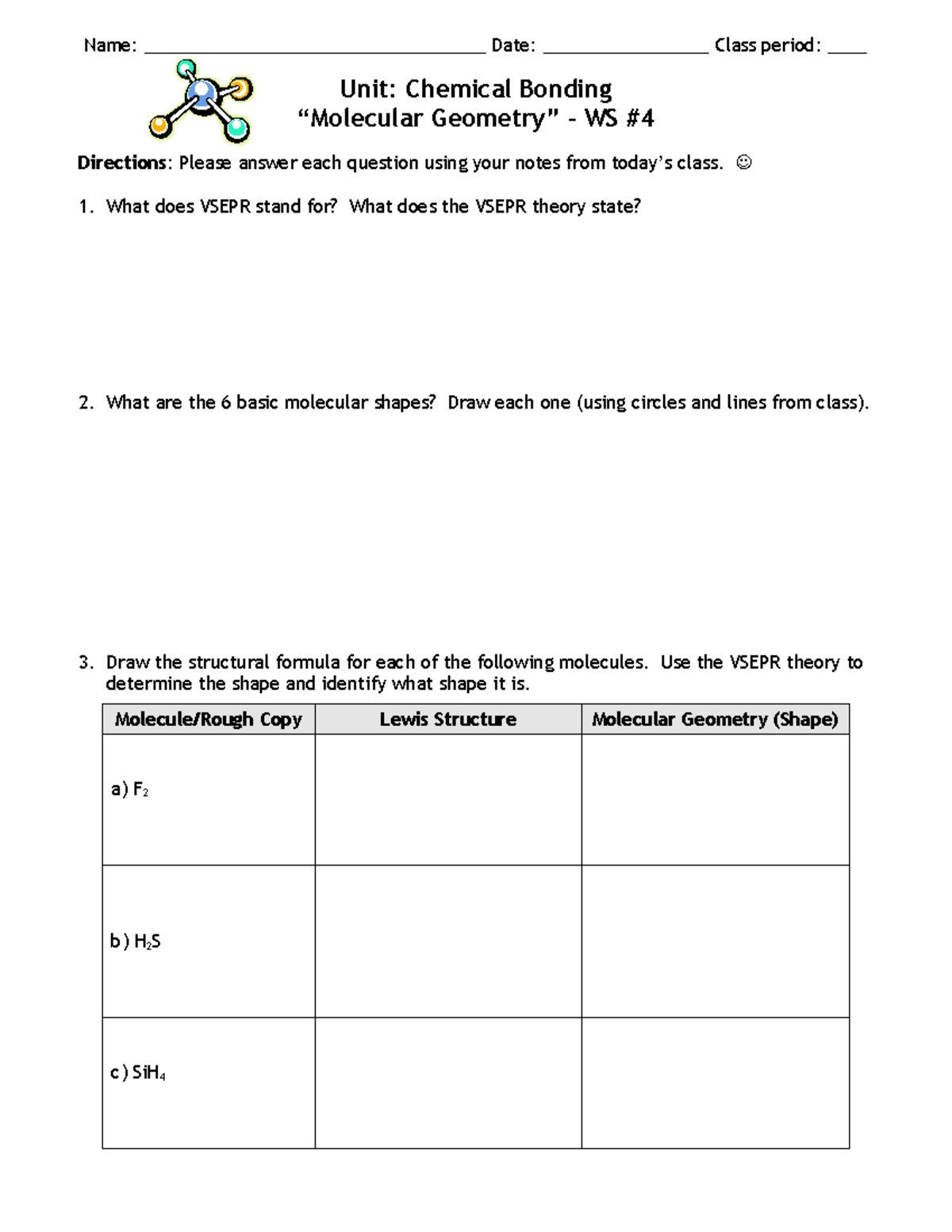 Homework Ws4 Molecular Geometry 2 Name