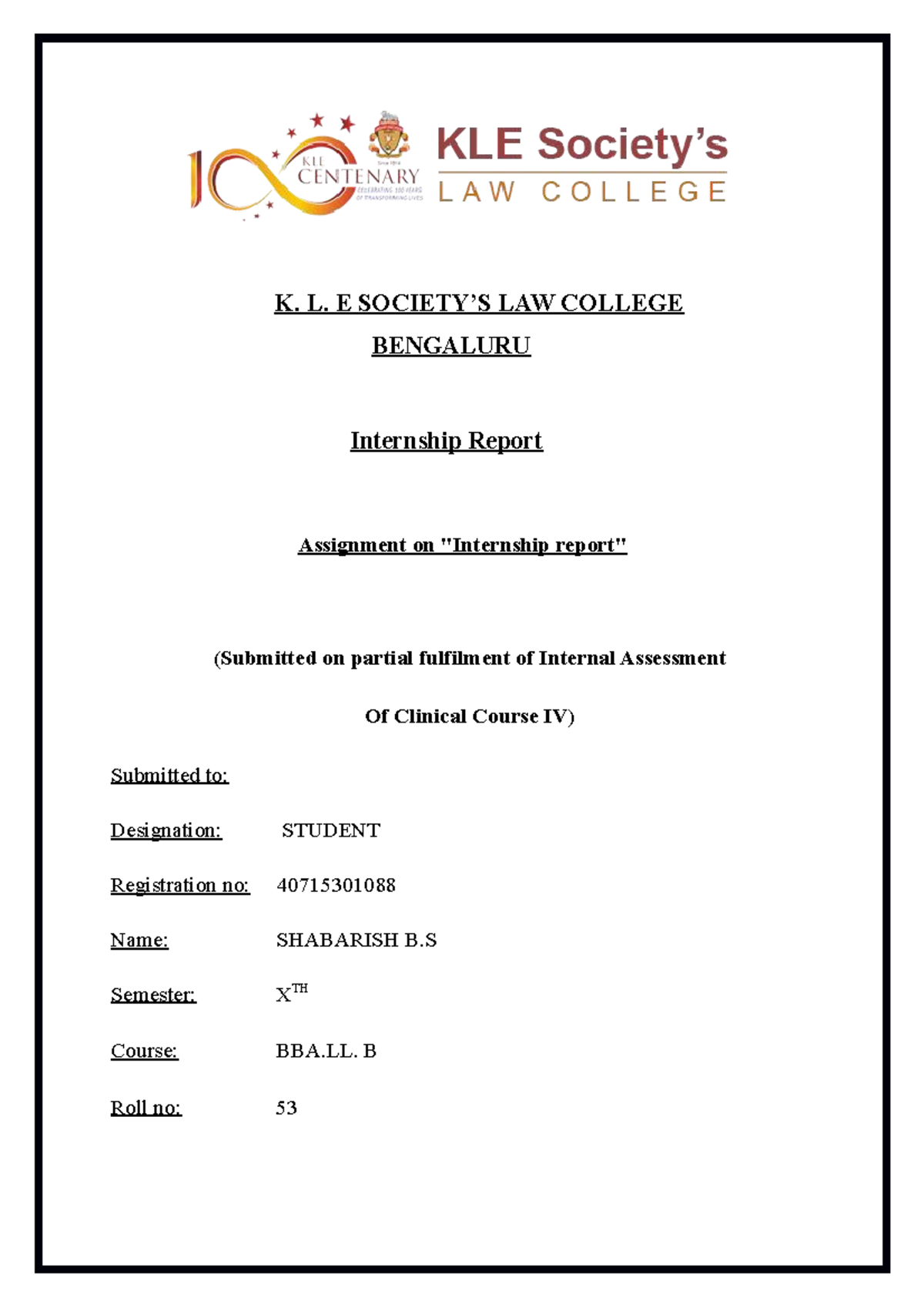 Sample Internship Report - K. L. E SOCIETY’S LAW COLLEGE BENGALURU ...