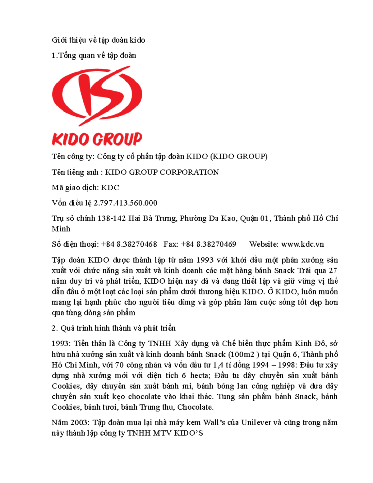 Giới thiệu về công ty TNHH KIDO Foods - Giới thiệu về tập đoàn kido ...