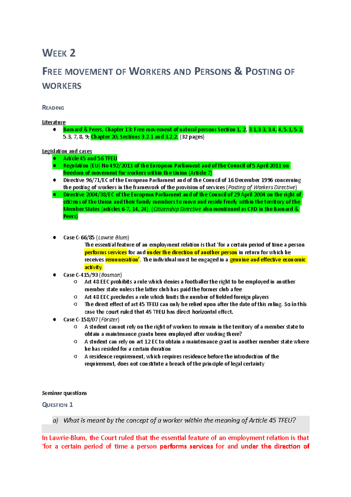 Week 2 FREE Movement OF Workers and Posting OF Workers - WEEK 2 FREE ...