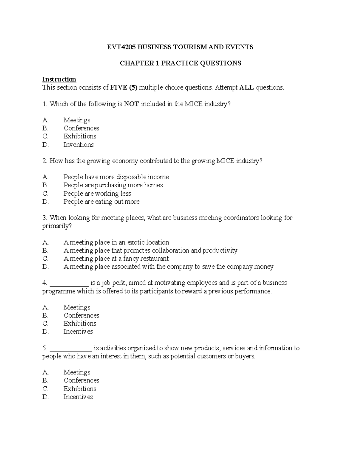 Chapter 1 Practice Questions - EVT4205 BUSINESS TOURISM AND EVENTS ...