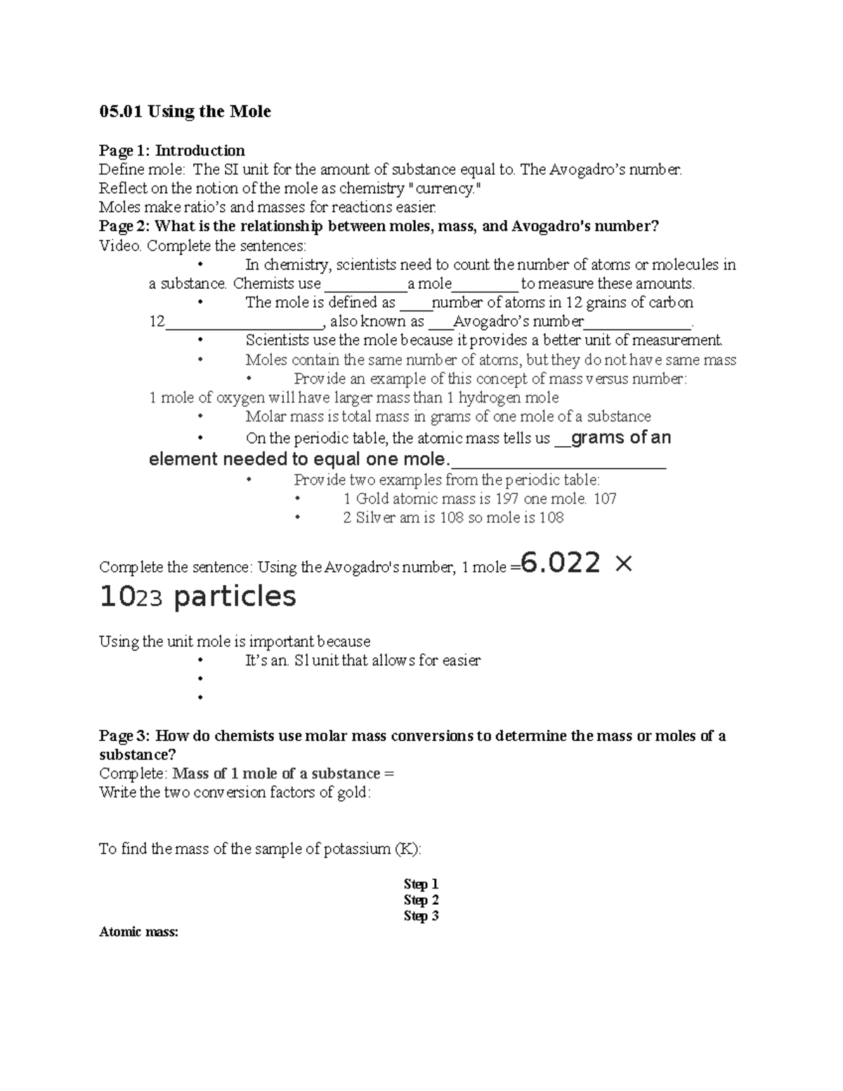 05 01 journal copy - 05 Using the Mole Page 1: Introduction Define mole ...