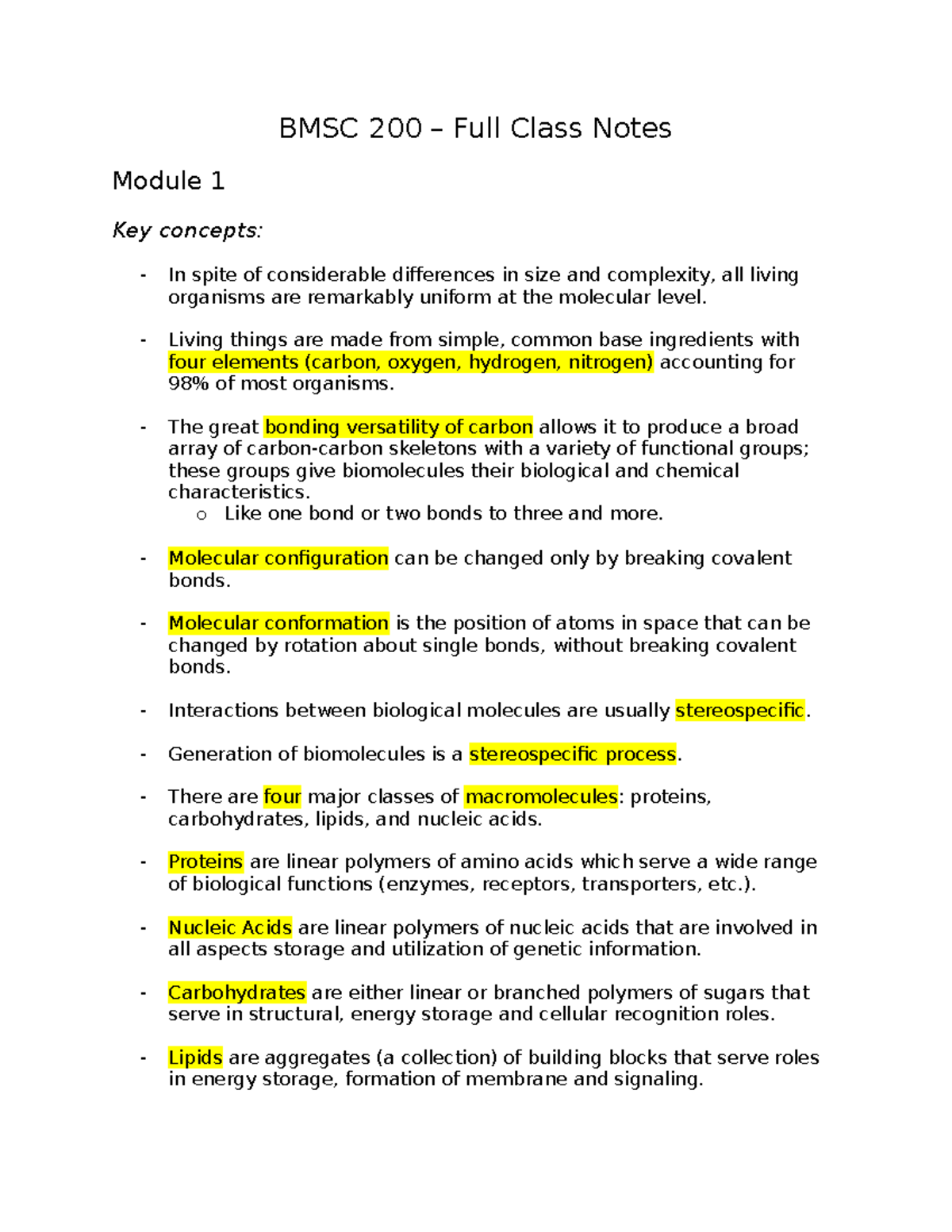 BMSC 200 - Full Notes - BMSC 200 – Full Class Notes Module 1 Key ...