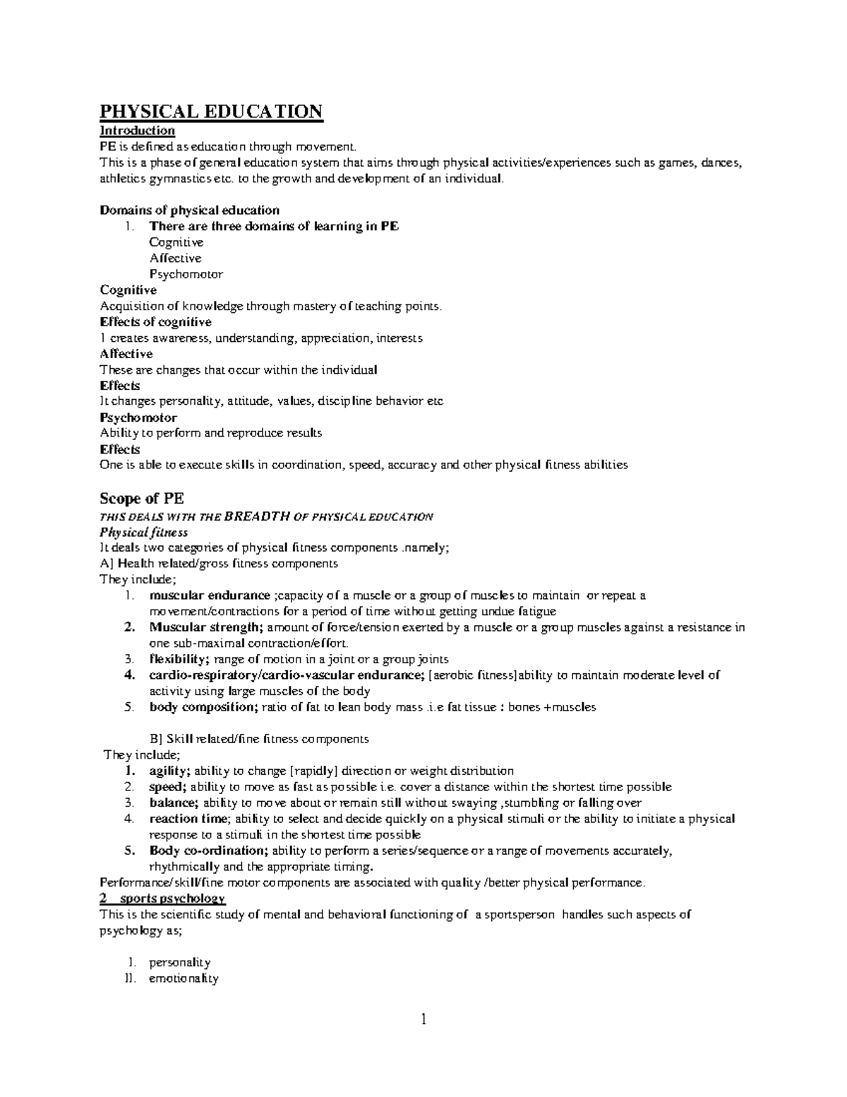 Physical Education Notes MR Kennedy - PHYSICAL EDUCATION Introduction ...