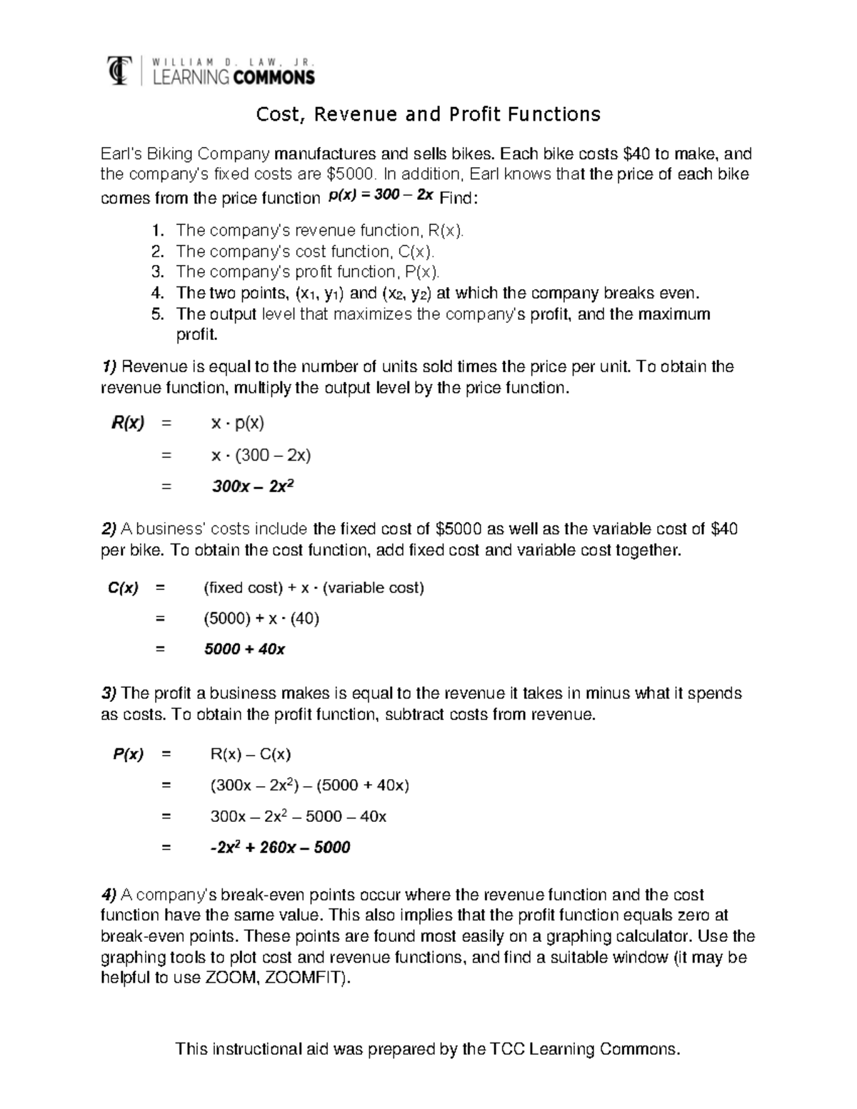 Cost Revenueand Profit Functions - This instructional aid was prepared ...
