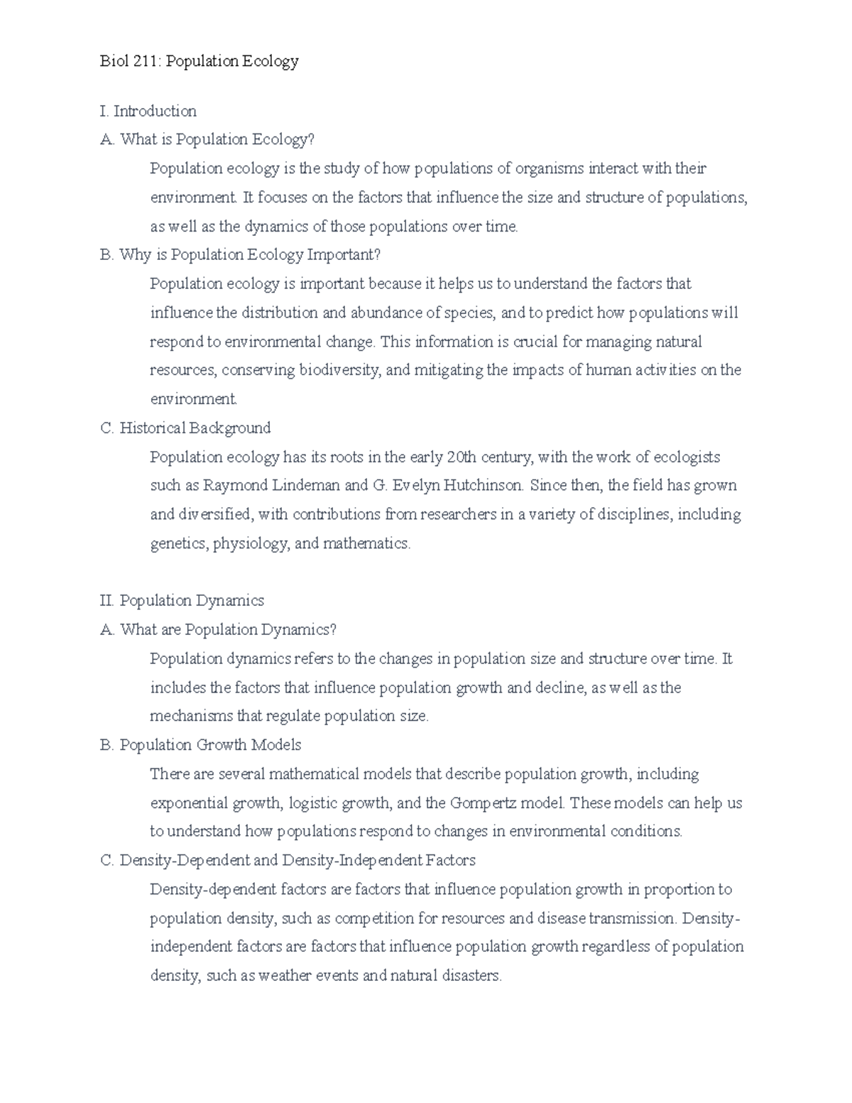 Biol 211 Population Ecology - I. Introduction A. What is Population ...