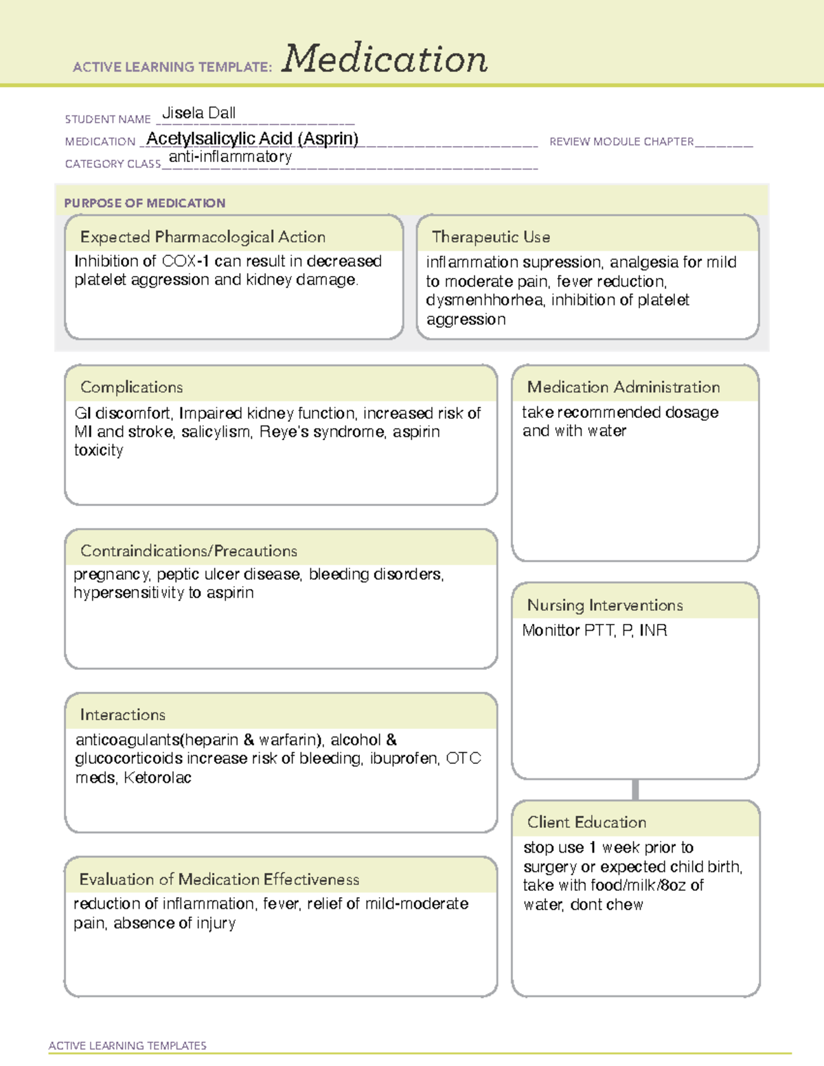 Acetylsalicylic Acid (aspirin) - ACTIVE LEARNING TEMPLATES Medication ...