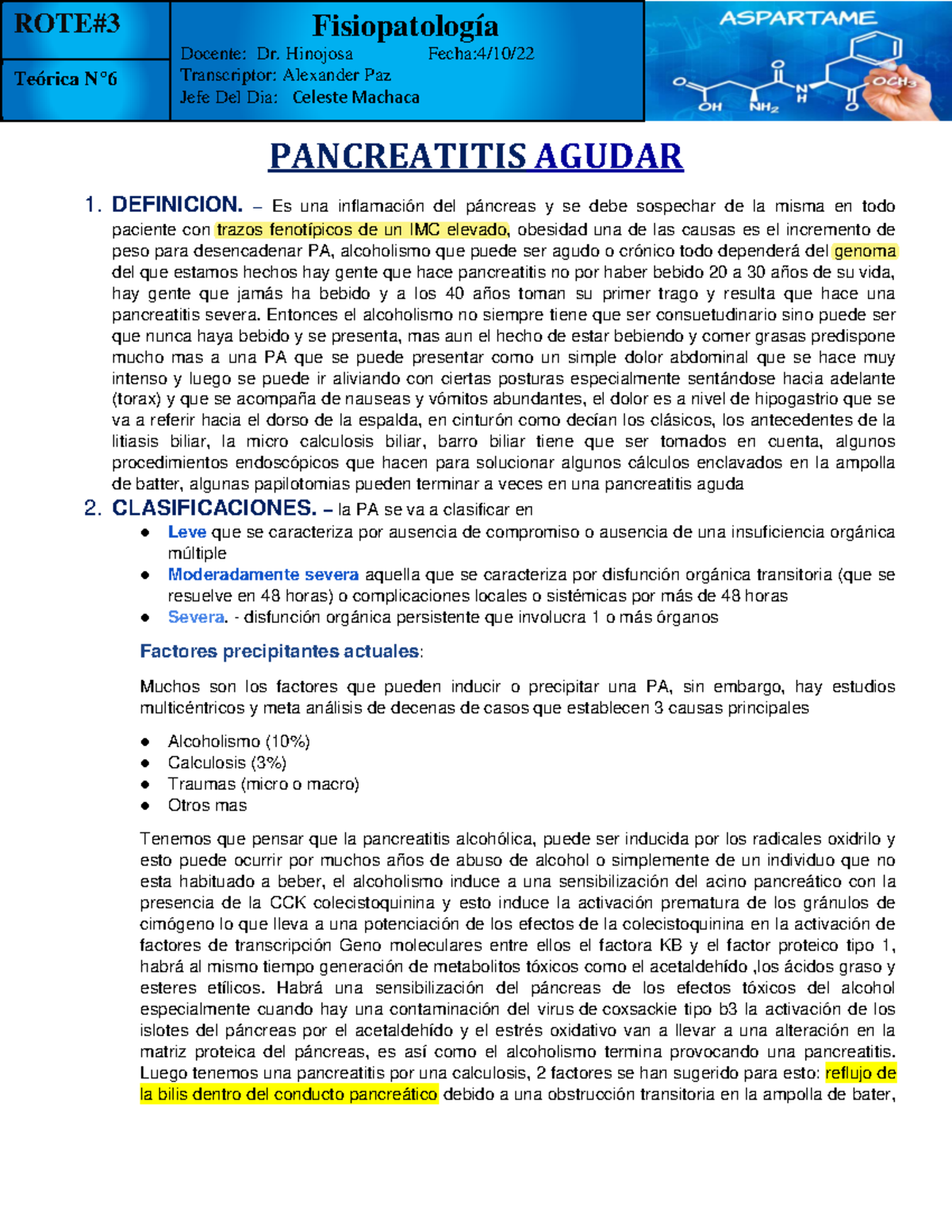 ASP FSP R3 T6 PANCREATITIS AGUDA - Fisiopatología Docente: Dr. Hinojosa ...