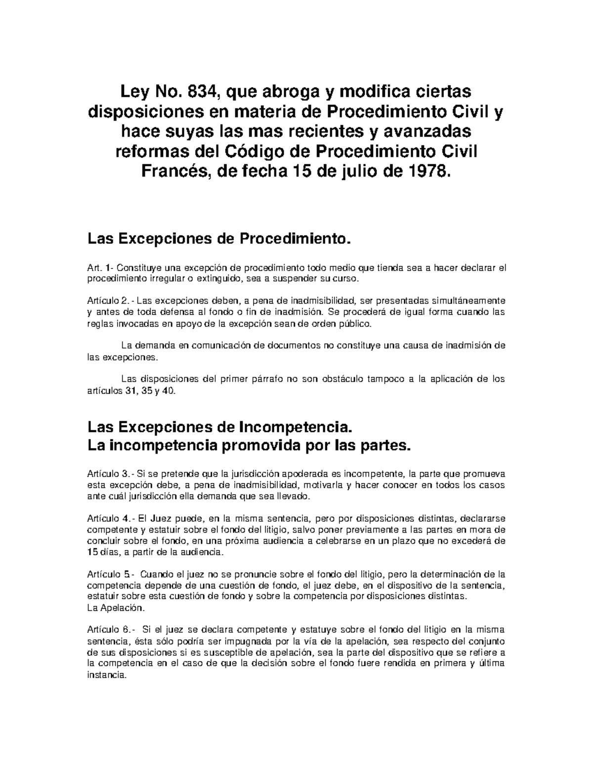 Unidad 3. Recurso 1. Ley 834 sobre Procedimiento Civil - Ley No. 834 ...