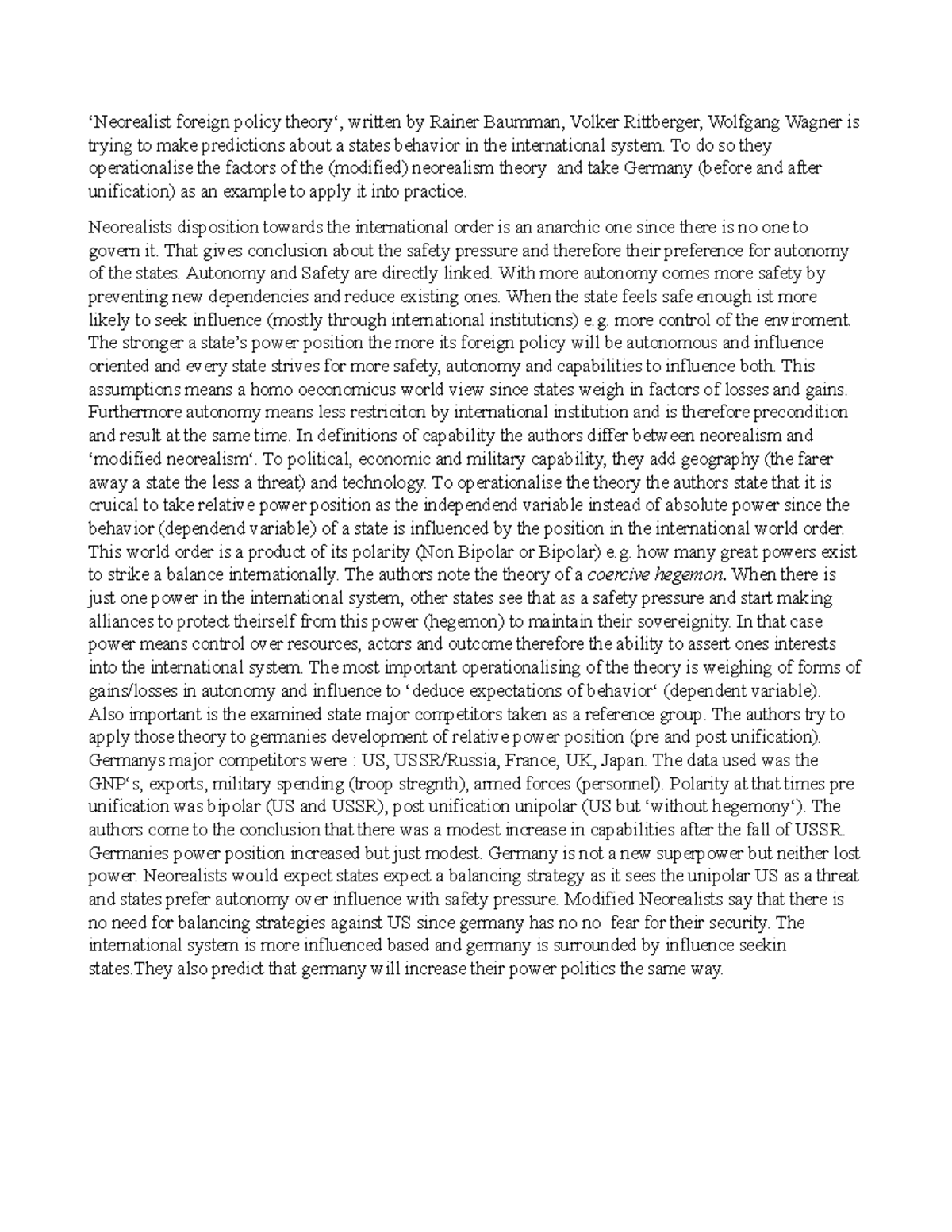 Neorealism summary - Power and Power Politics: Neorealist Foreign ...