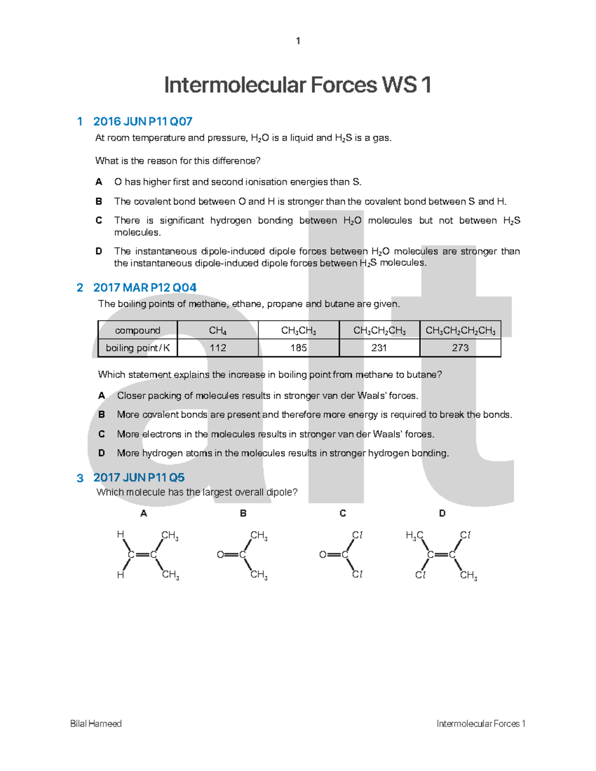08 Intermolecular Forces WS 2022 - Intermolecular Forces WS 1 1 2 3 ...