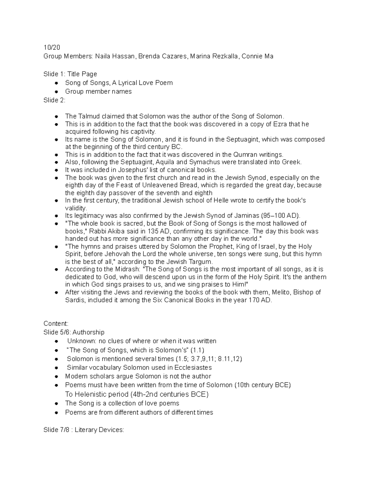 The Song of Songs Outline - 10/ Group Members: Naila Hassan, Brenda ...