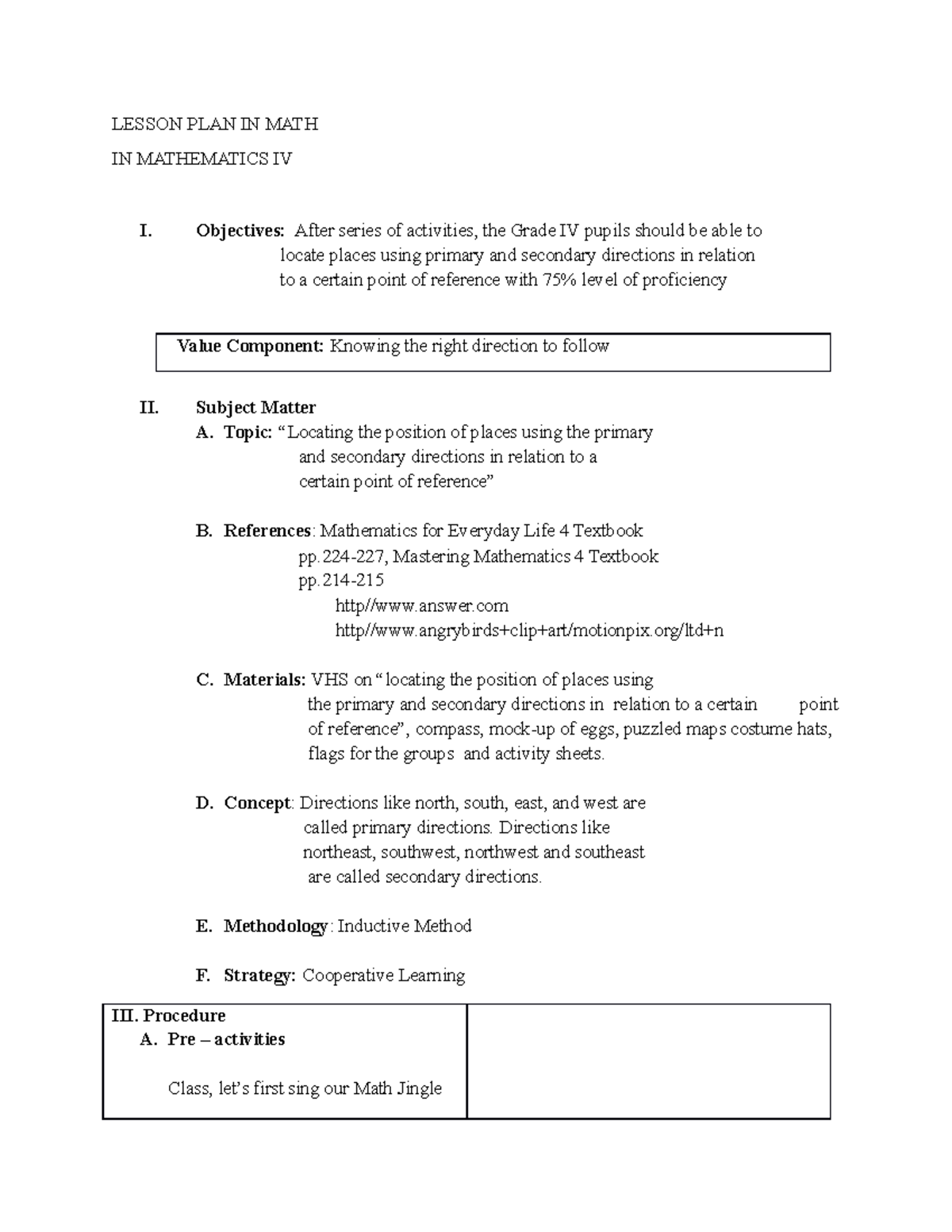 Lesson PLAN IN MATH LESSON PLAN IN MATH IN MATHEMATICS IV I